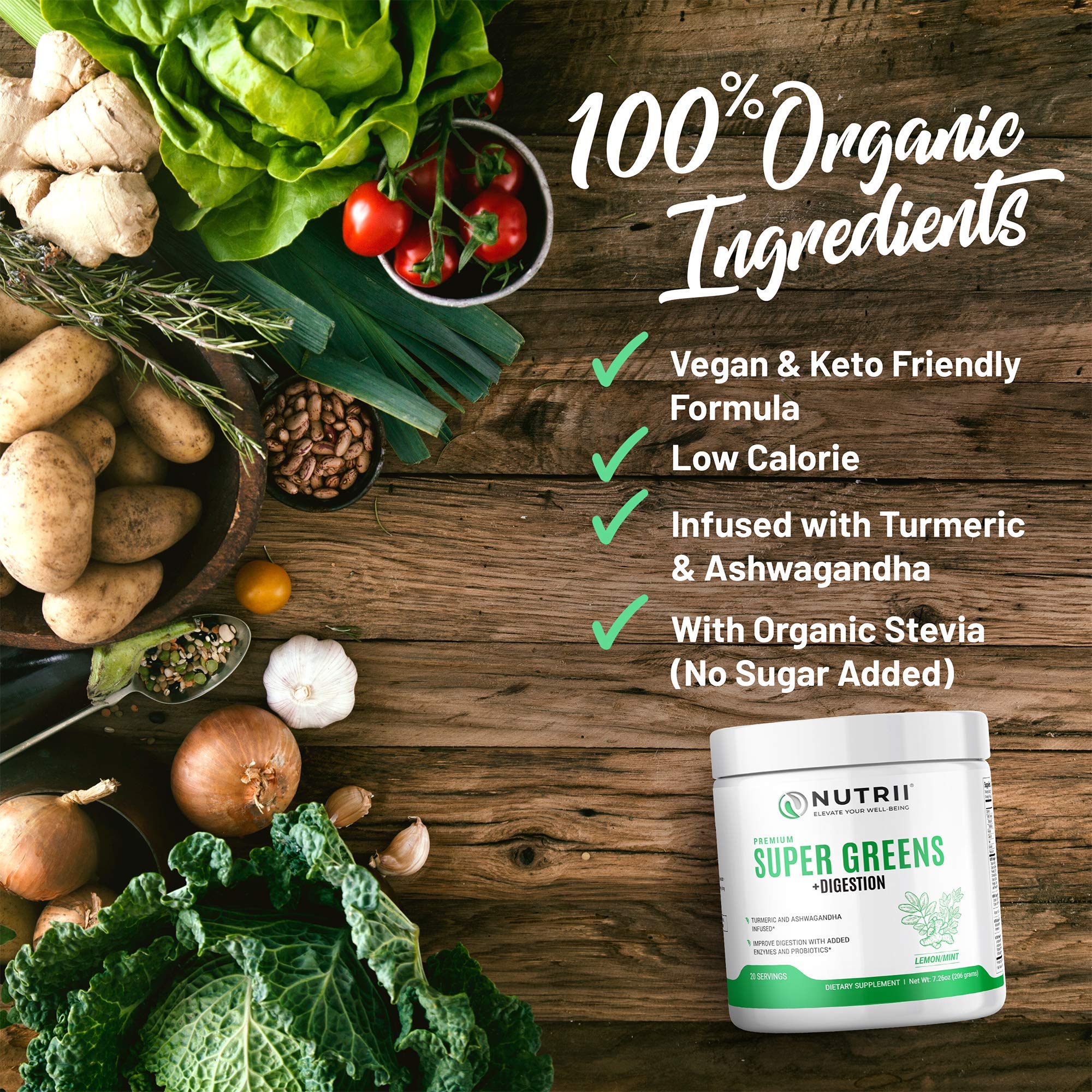 Organic Green Immunity Superfood with Turmeric, Probiotics, Digestive Enzymes and Ashwagandha (20 Servings, 7.26 oz, Lemon-Mint Flavor)
