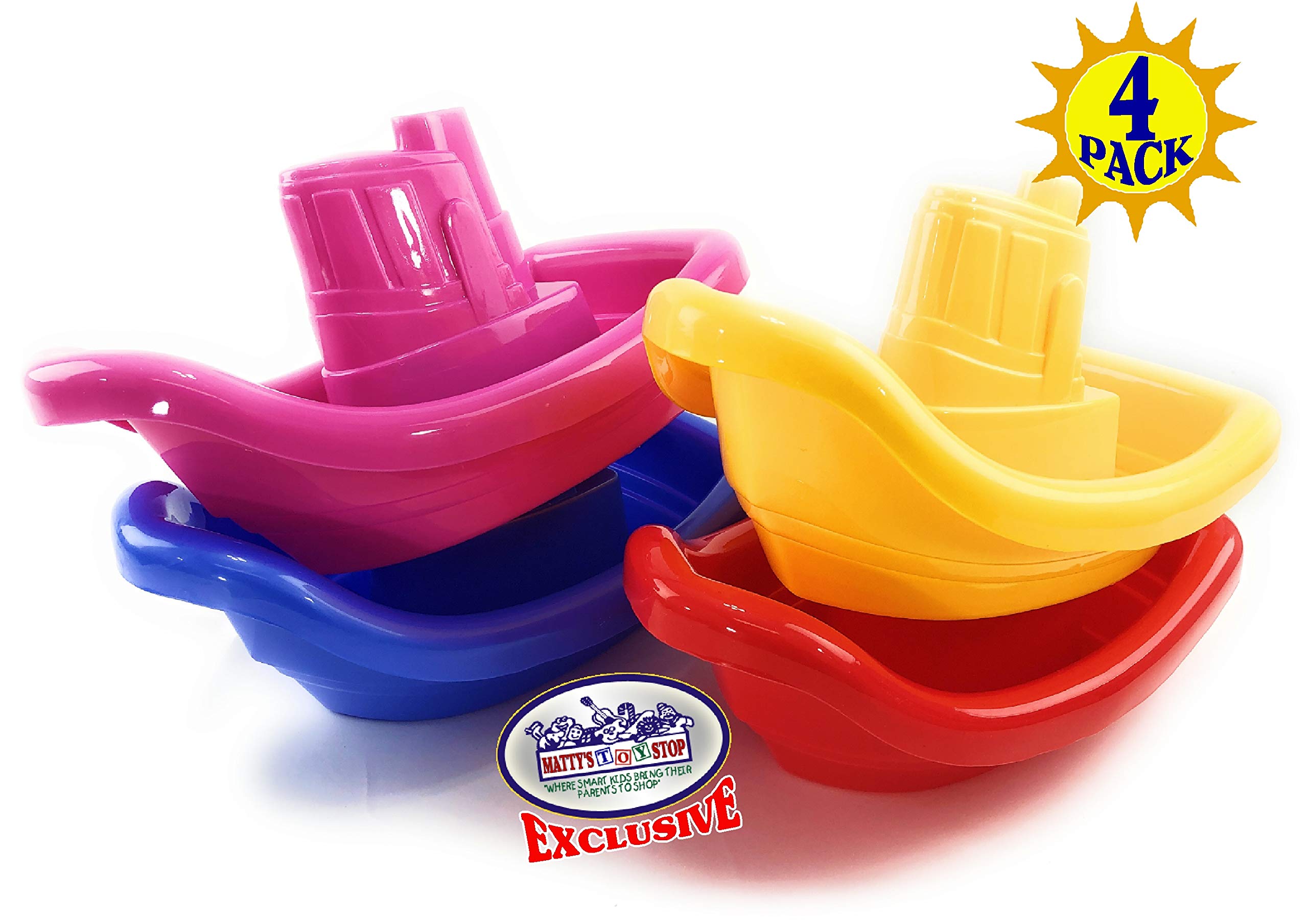 Matty's Toy Stop Plastic Nesting/Stacking Tug Boats (11") Red, Blue, Pink & Yellow Gift Set Bundle, Perfect for Bath, Pool, Beach Etc. - 4 Pack