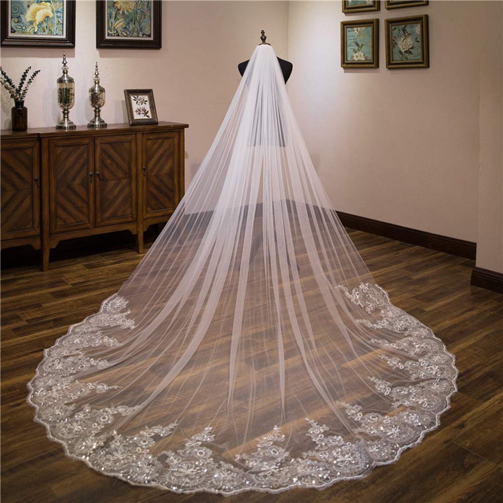 U-Hotmi Wedding Veil Cathedral Bridal Veil for Women Lace Sequins 1 Tier Long Wedding Bridal Veil, White