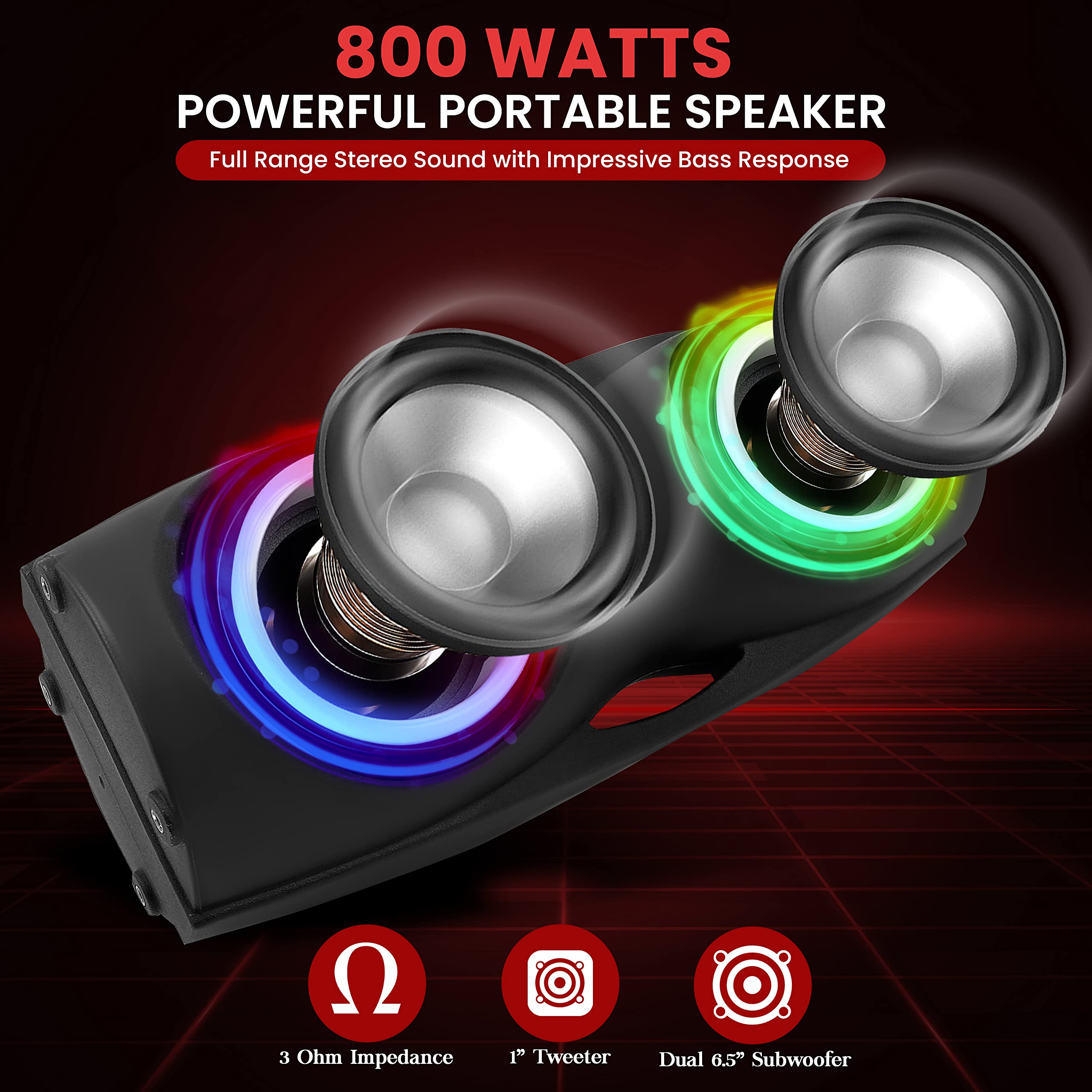 Pyle Portable Bluetooth PA Speaker System - 1000W Indoor/Outdoor Bluetooth Speaker PA System w/TWS, Recorder, Microphone in, Party Lights, USB SD Card Reader, FM Radio, Rolling Wheels PPHP82LB,Black