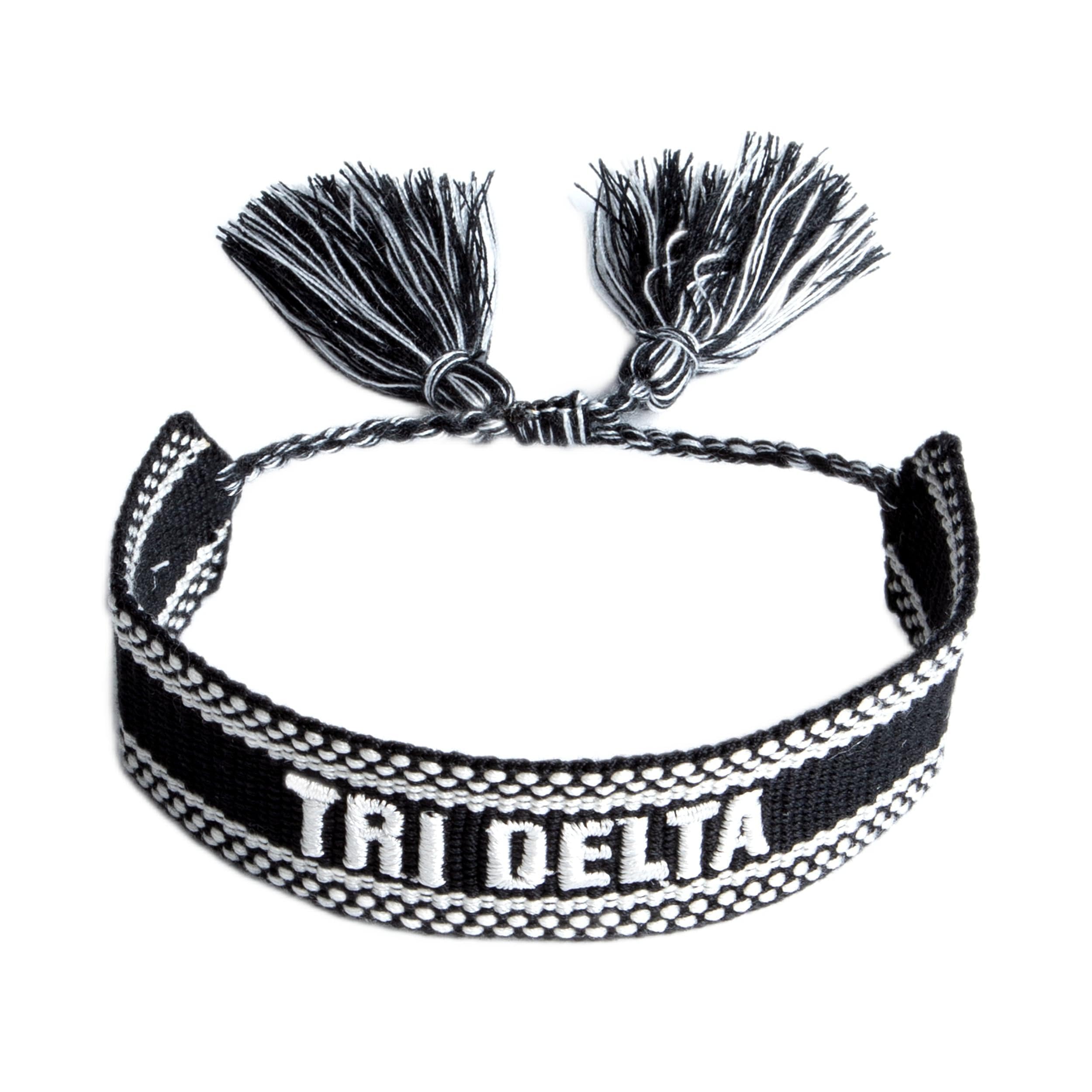 Sorority Shop Delta Delta Delta Bracelet — Woven Bracelet, Black and White Design with Tri Delta Sorority Name and Tassels, Greek Sorority Jewelry and Big Little Sorority Gifts