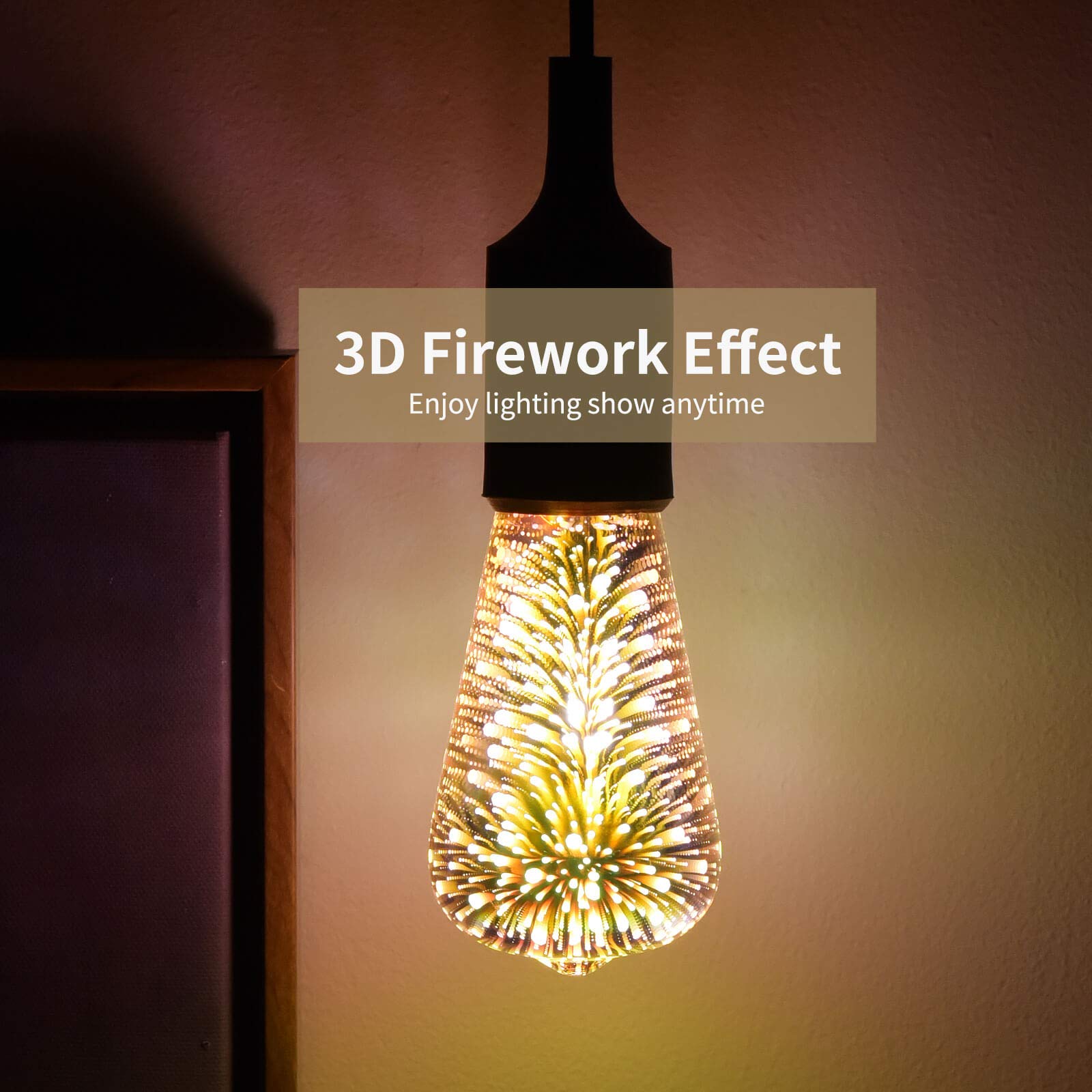 Porseme 3D Fireworks Decorative Light Bulb, E26 Base, 4W, AC100-240V, Glass Bulbs with Soft Warm Light, Shiny Decor for Home, Bedroom, Party (Included 3-Pack ST19 Bulbs)