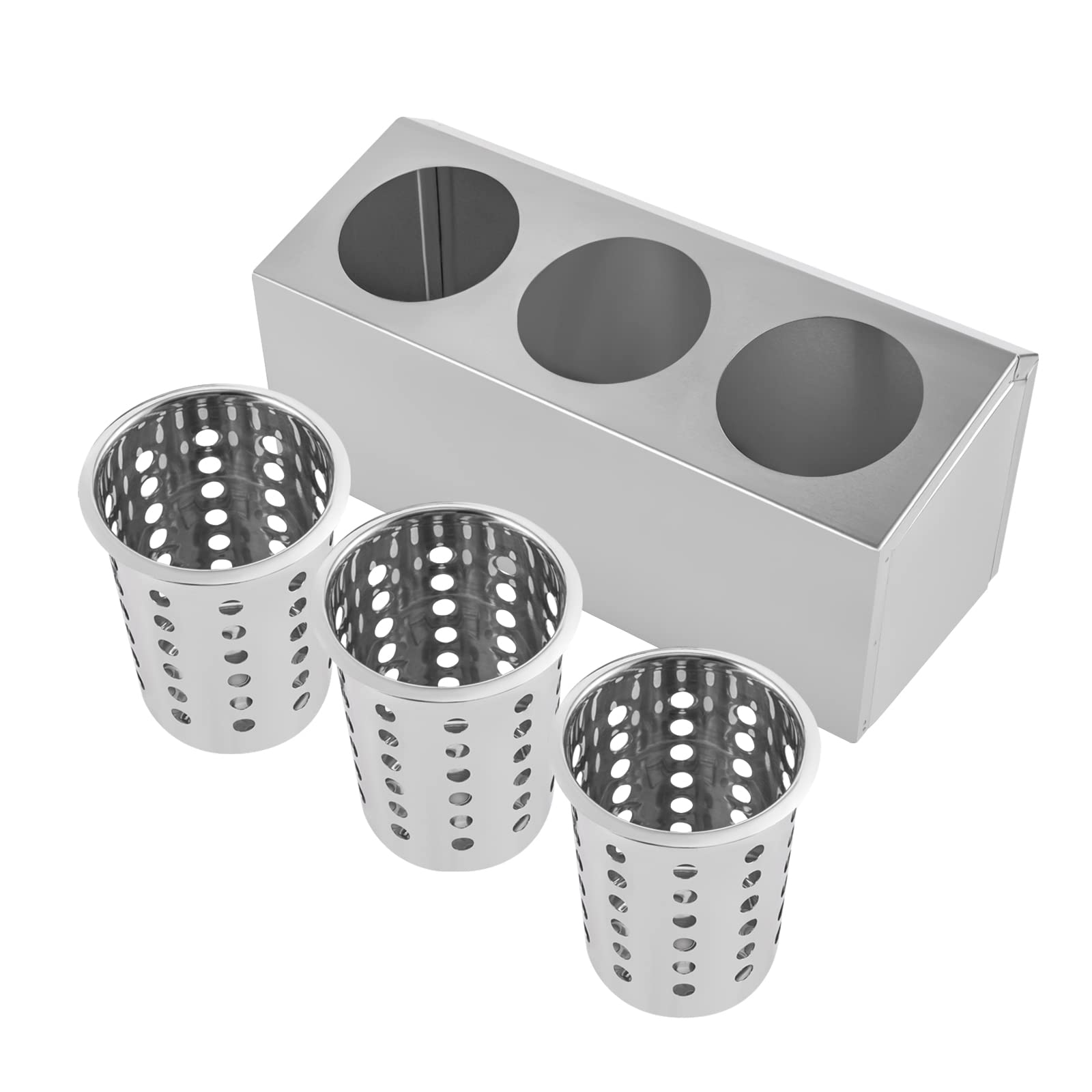 TFCFL Flatware Cylinder Holder,Commercial 3-Hole Stainless Steel Cylinder Flatware Silverware Utensil Holder Organizer Caddy 15.16x6.1x6.3inch,Silver (3-Hole)