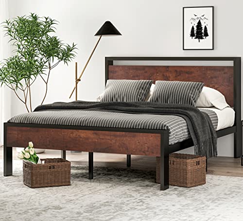 SHA CERLIN 14 Inch Full Size Metal Platform Bed Frame with Wooden Headboard and Footboard, Mattress Foundation, No Box Spring Needed, Large Under Bed Storage, Light Mahogany