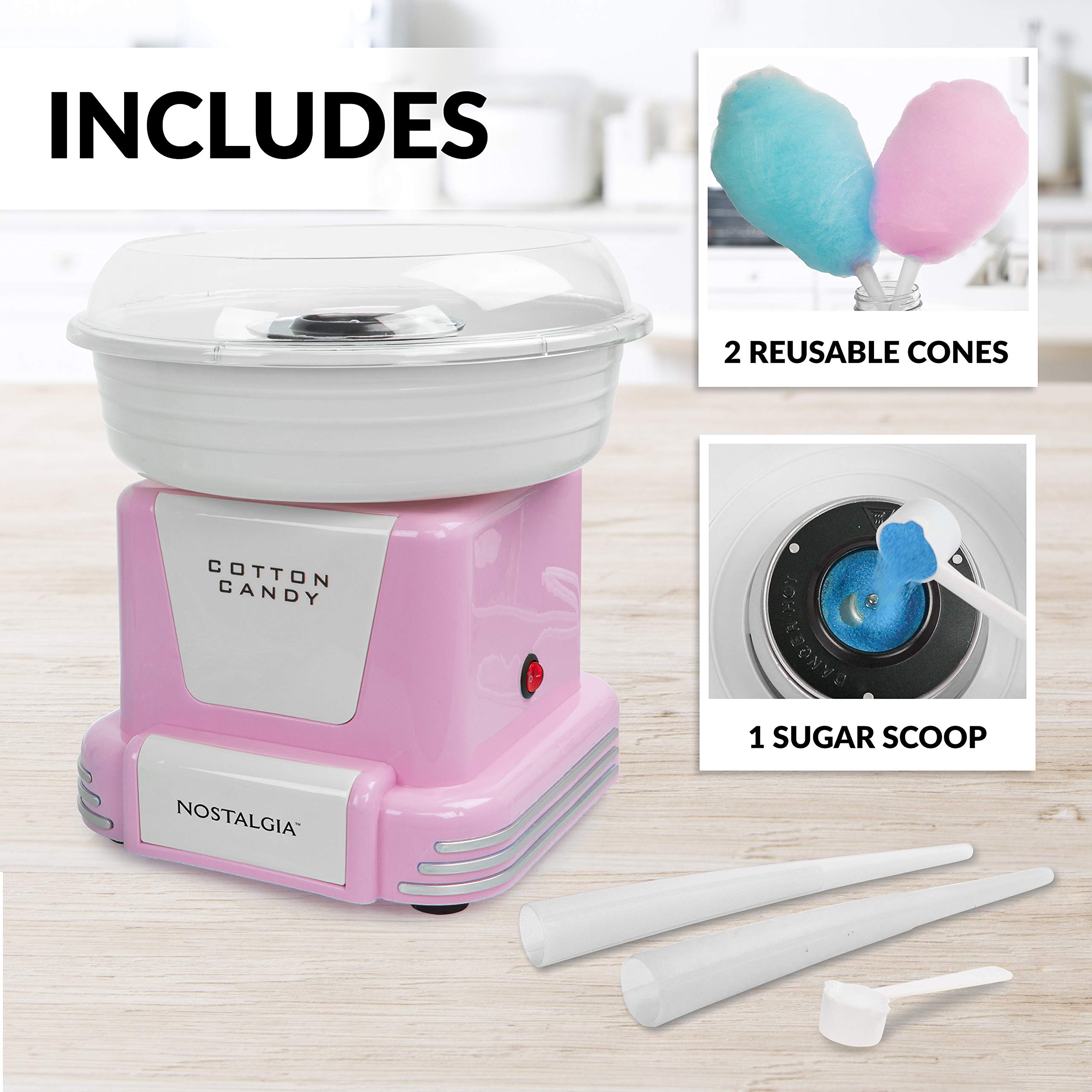 Nostalgia Cotton Candy Machine - Retro Cotton Candy Machine for Kids with 2 Reusable Cones, 1 Sugar Scoop, and 1 Extractor Head – Pink