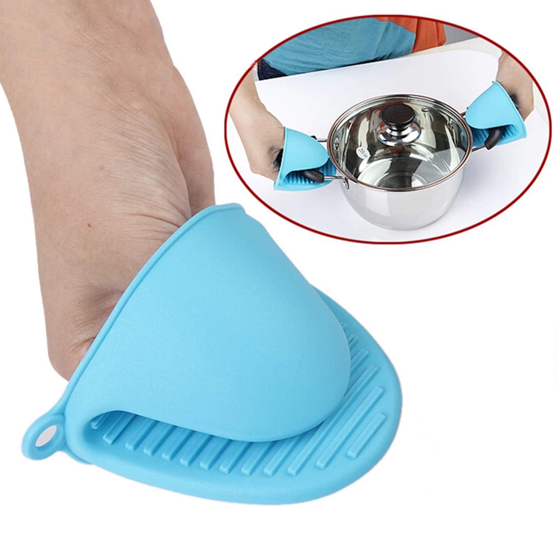 SNOMYRS Silicone Oven Gloves and 2-Piece High Temperature Resistant Silicone Hand Clip 2-Piece Non-Slip Coaster Silicone Coaster for Hot Surfaces (Blue)