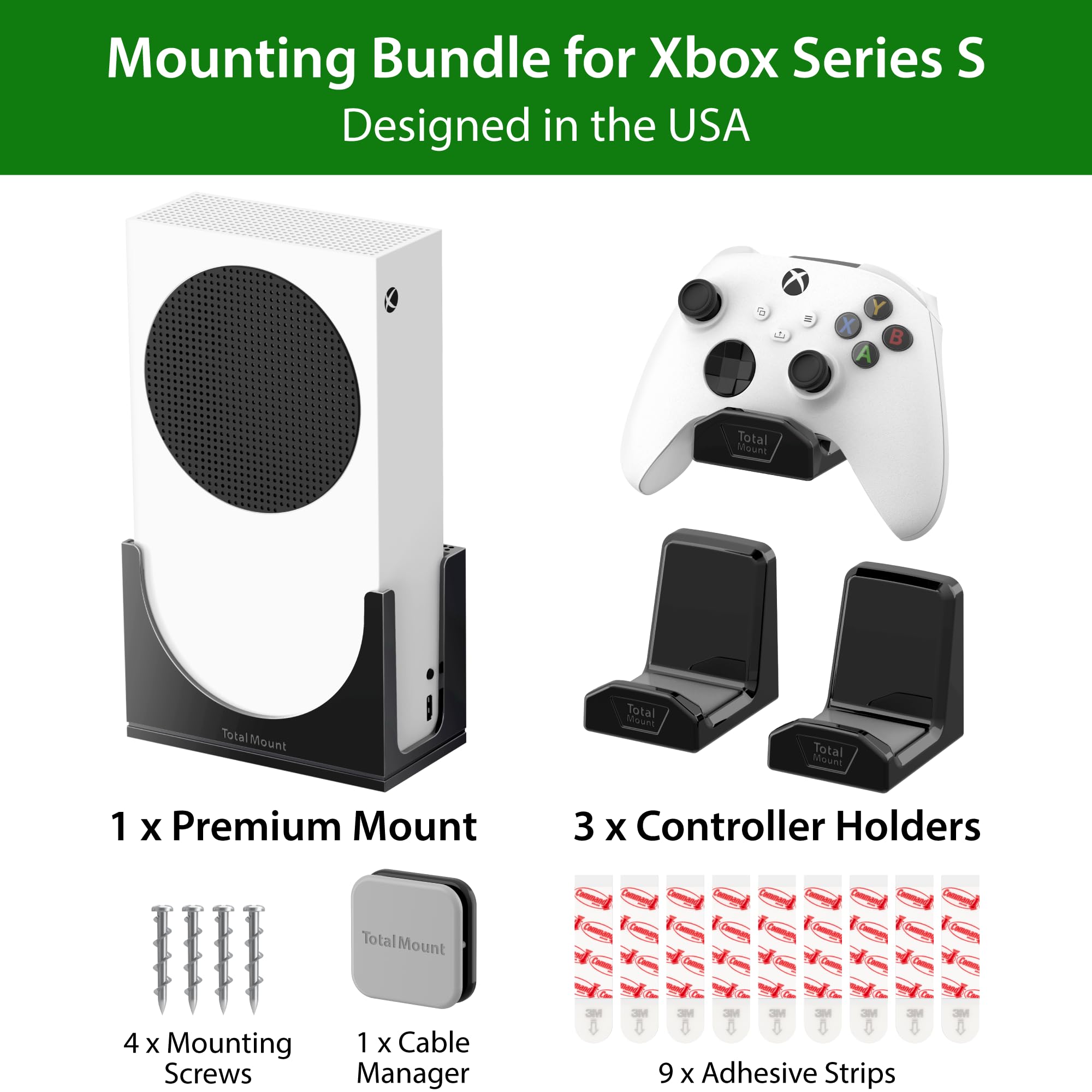 TotalMount β Wall Mount for Xbox Series S β Mounts Xbox Series S on a Wall by Your TV (Black Wall Mount and 3 Controller Holders)