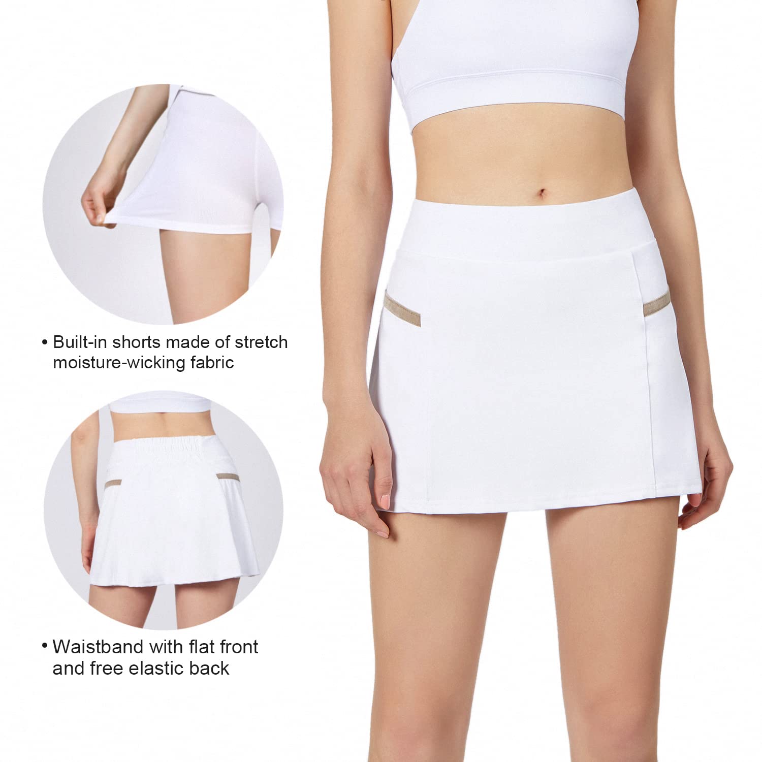 POSHDIVAH Women's Athletic Skirts with Built-in Shorts Skorts for Tennis Golf Running Workout and Casual White M