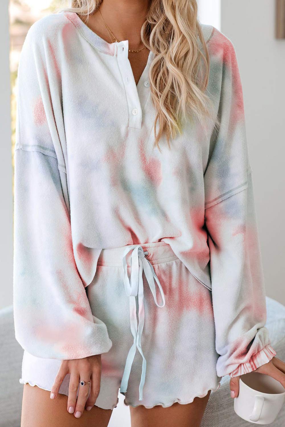 Lopie Womens Lounge Sets 2 Piece Pajamas Set Long Sleeve Tops and Shorts Sleepwear Tie Dye Printed Ruffle Nightwear (Orange, M)