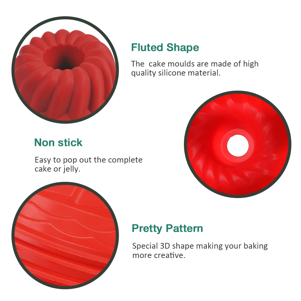 Wisehold Silicone Fluted Cake Pan (5pc), 6 inch Diameter, Nonstick Round Cake Mold, Reusable Silicone Baking Mold Suitable for Making Jello, Cake, Gelatin and Mousse bread