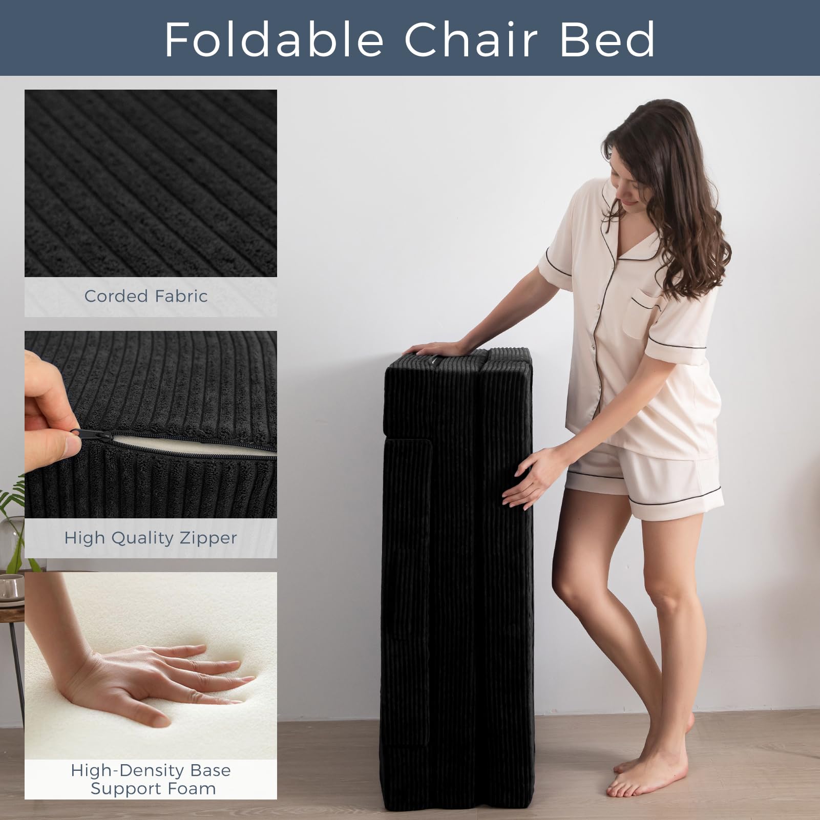 MAXYOYO Folding Sofa Bed, Portable Chair Bed Floor Mattress, Foldable Sleeper Sofa Floor Couch Futon Mattress for Guest Room, Camping, Road Trip, Black, Twin, 83x38 Inch