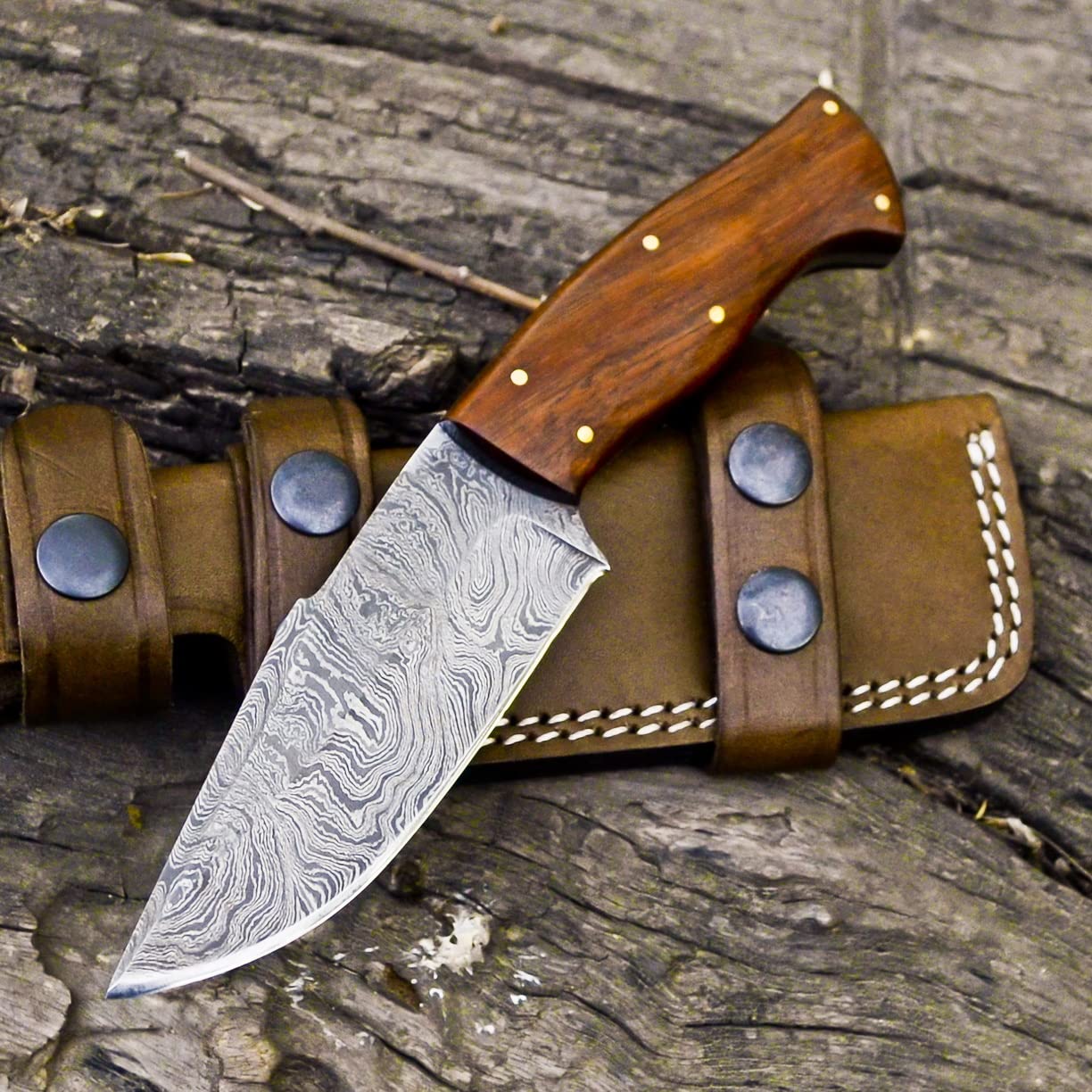Nooraki HK-319 Custom Handmade Damascus Steel Knife - Full Tang Rosewood Handle, with Leather Sheath 8 Overall Hunting Skinning Survival Knife (Damascus Steel)