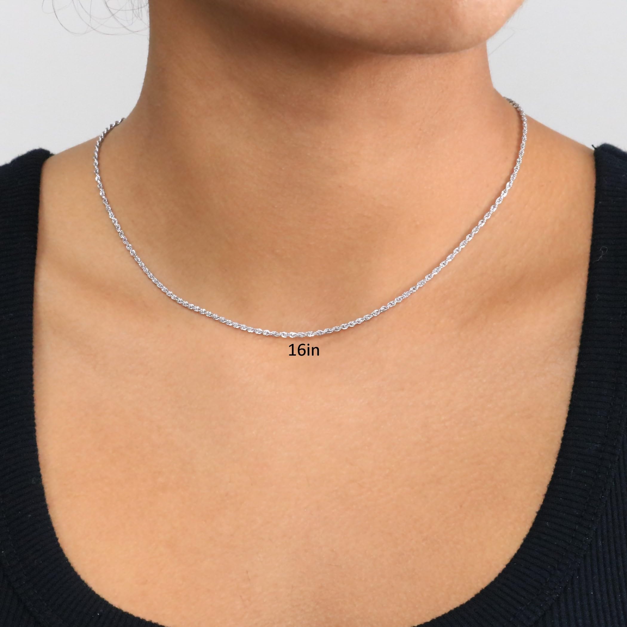 Nuragold 14k White Gold Dainty 1.5mm Rope Chain Diamond Cut Womens Mens Pendant Necklace, 14" 16" 18" 20" 22" 24" 26"