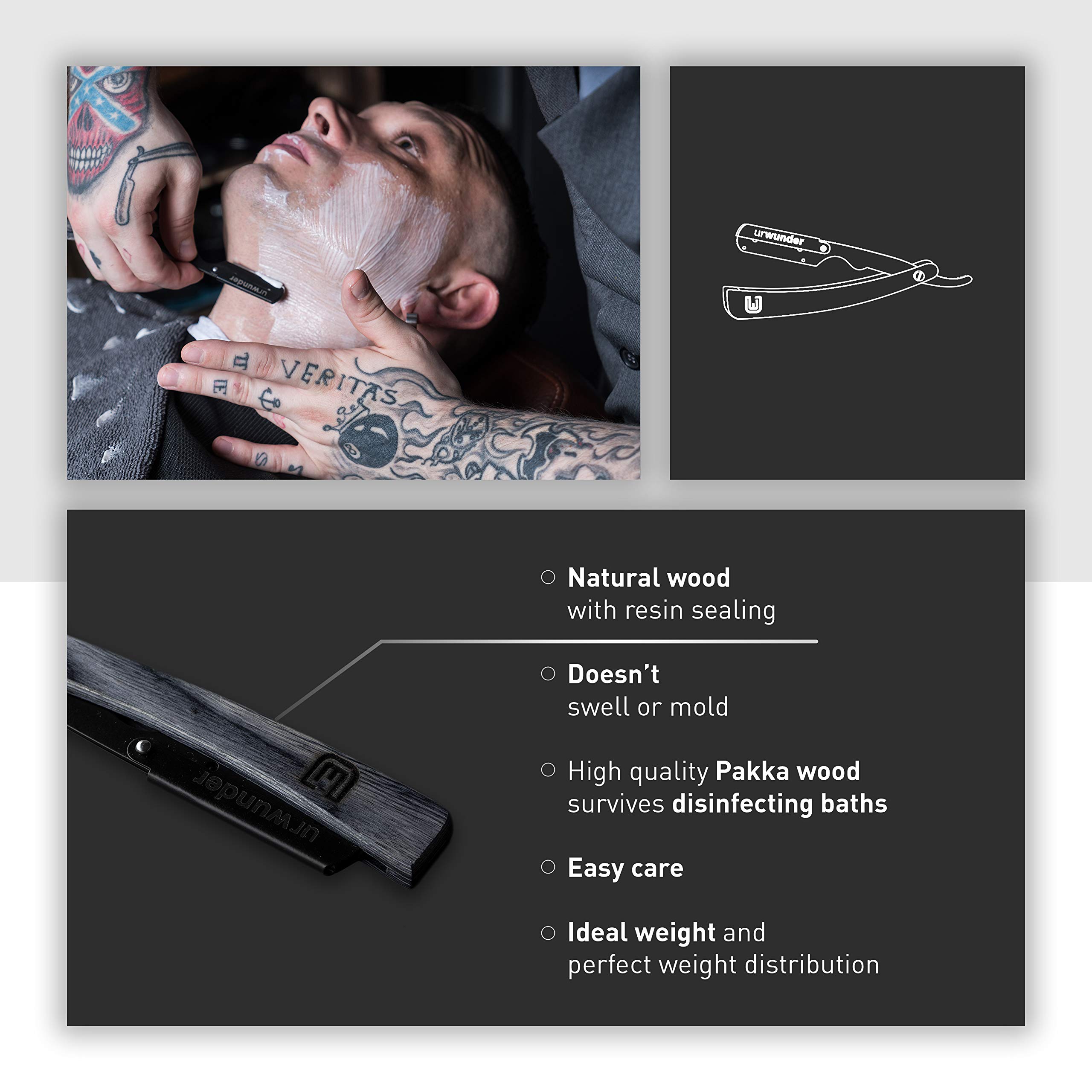 Precise German Straight Razor - urwunder - Beardo - Genuine Leather Case - Simple Manuals - 4-Pin Blade Holder [Black Arm/Black Wood]