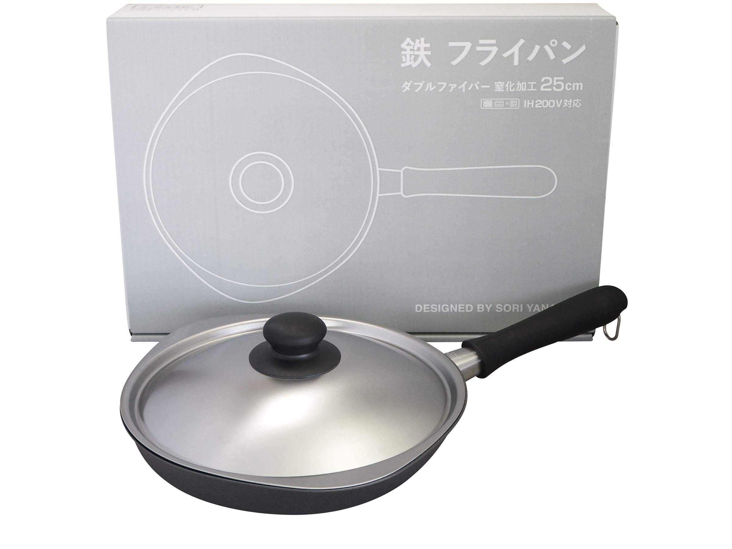 Sori Yanagi Iron Frying Pan, Made in Japan, 9.8 inches (25 cm), Double Fiber Line Nitride Treatment, Includes Lid, Induction Compatible
