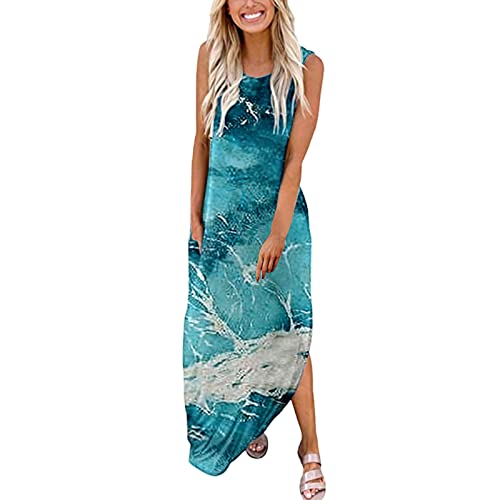 Winter Women Maxi Dress Summer Spring O Neck Dresses Sleeveless Split Long Boho Pocket Beach Tank Winter Mid Length Blue