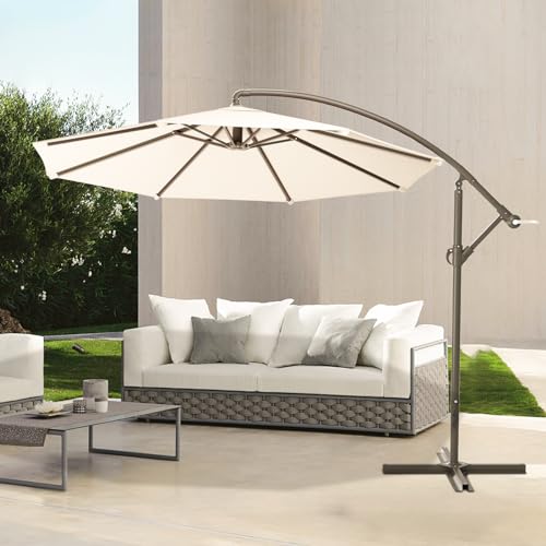 Magshion 8.5 FT Patio Umbrella Offset Hanging Outdoor Market Umbrella with Easy Tilt Adjustment, Cantilever Umbrella with Crank and Cross Base for Backyard Poolside Lawn, Beige