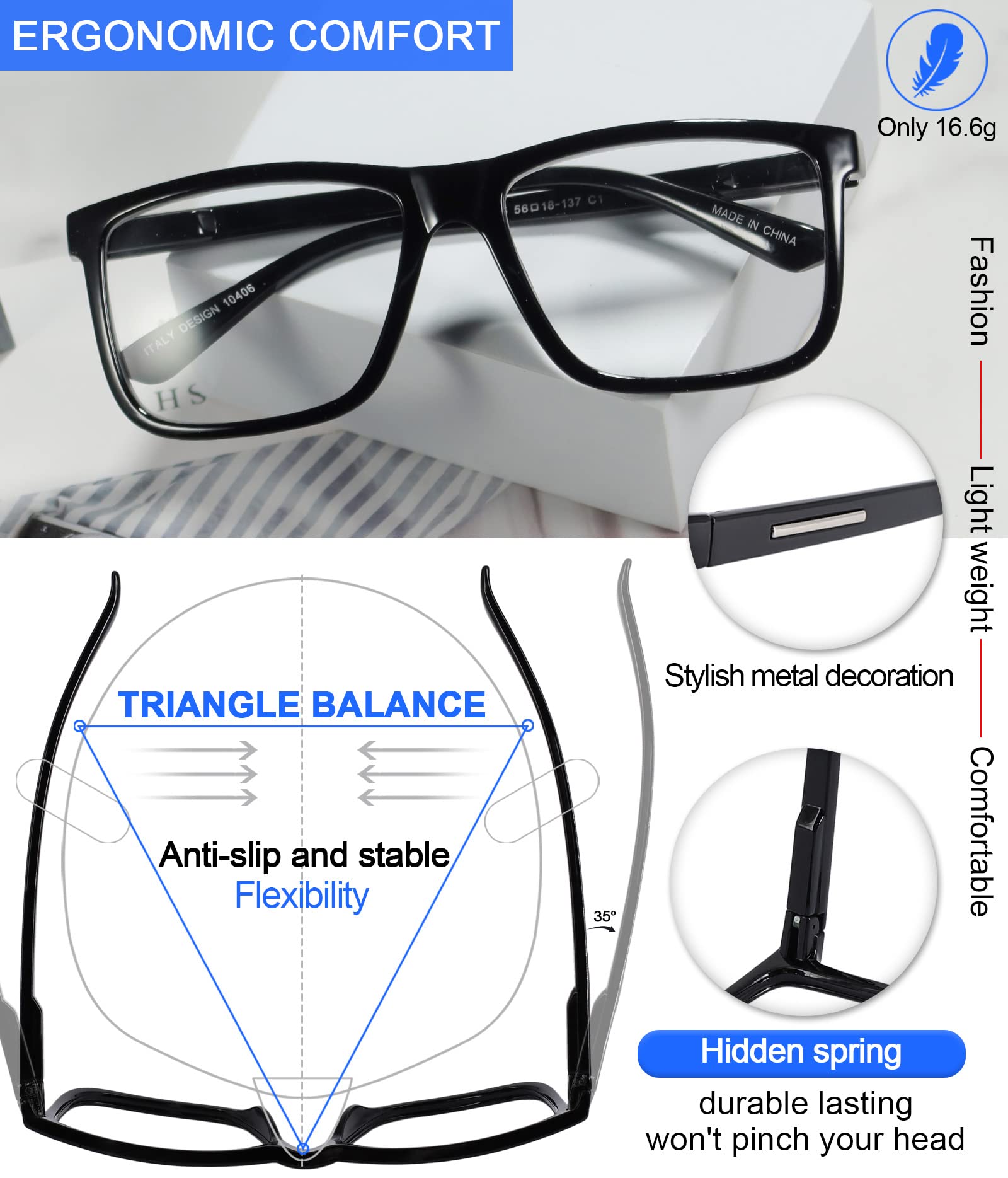 MARE AZZURO Oversized Square Reading Glasses Men Large Readers Big Face 1.0 1.25 1.5 1.75 2.0 2.25 2.5 2.75 3.0 3.5 4.0 5.0 6.0 (Black, 2.00)