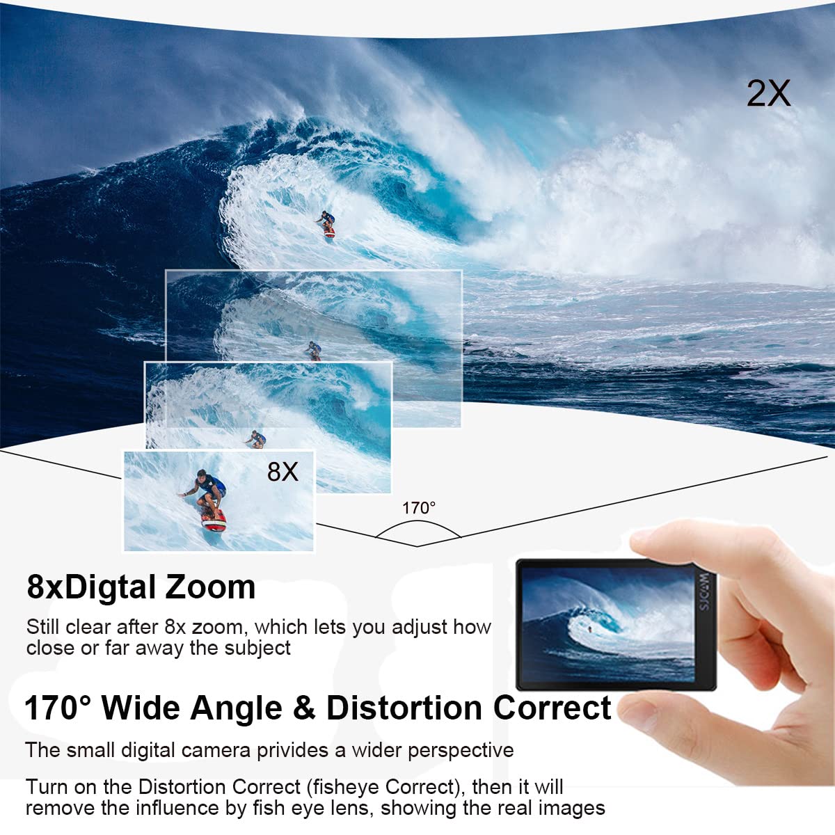 SJCAM SJ8K 4K 30FPS WiFi Action Camera with Touch Screen - Underwater Camera 30M - 8X Zoom Waterproof Sport Vlog Cam Support 2.4/5G Remote Control Live Stream EIS Stabilizer with Helmet Mounting Kits