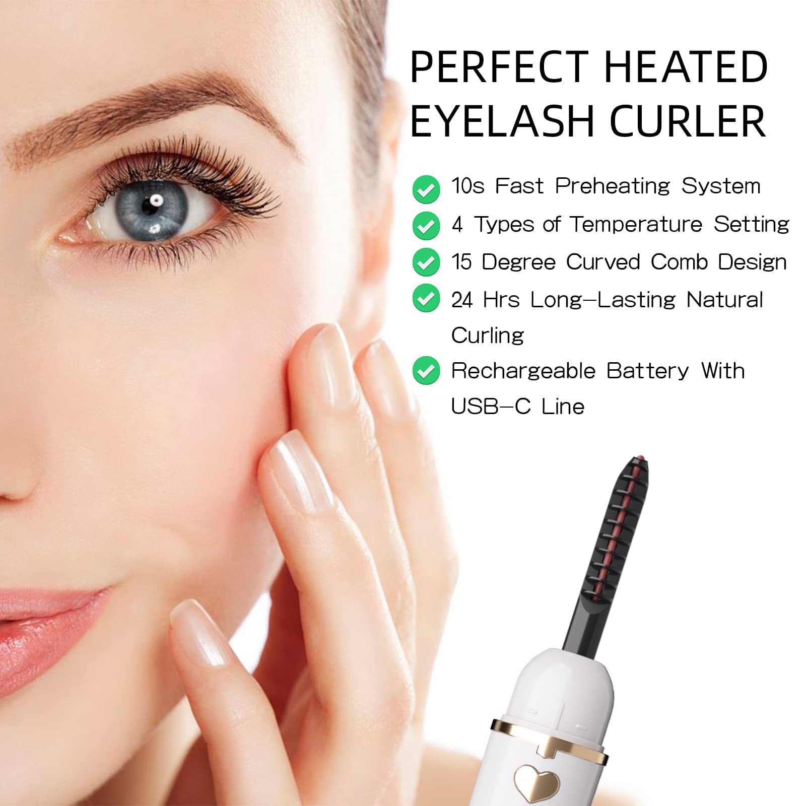 ZAPAL Heated Eyelash Curler Heated Lash Curler Rechargeable with USB-C Fasting Charging Heating Electric Lash Curler for Natural Long-Lasting eyelshes (White)