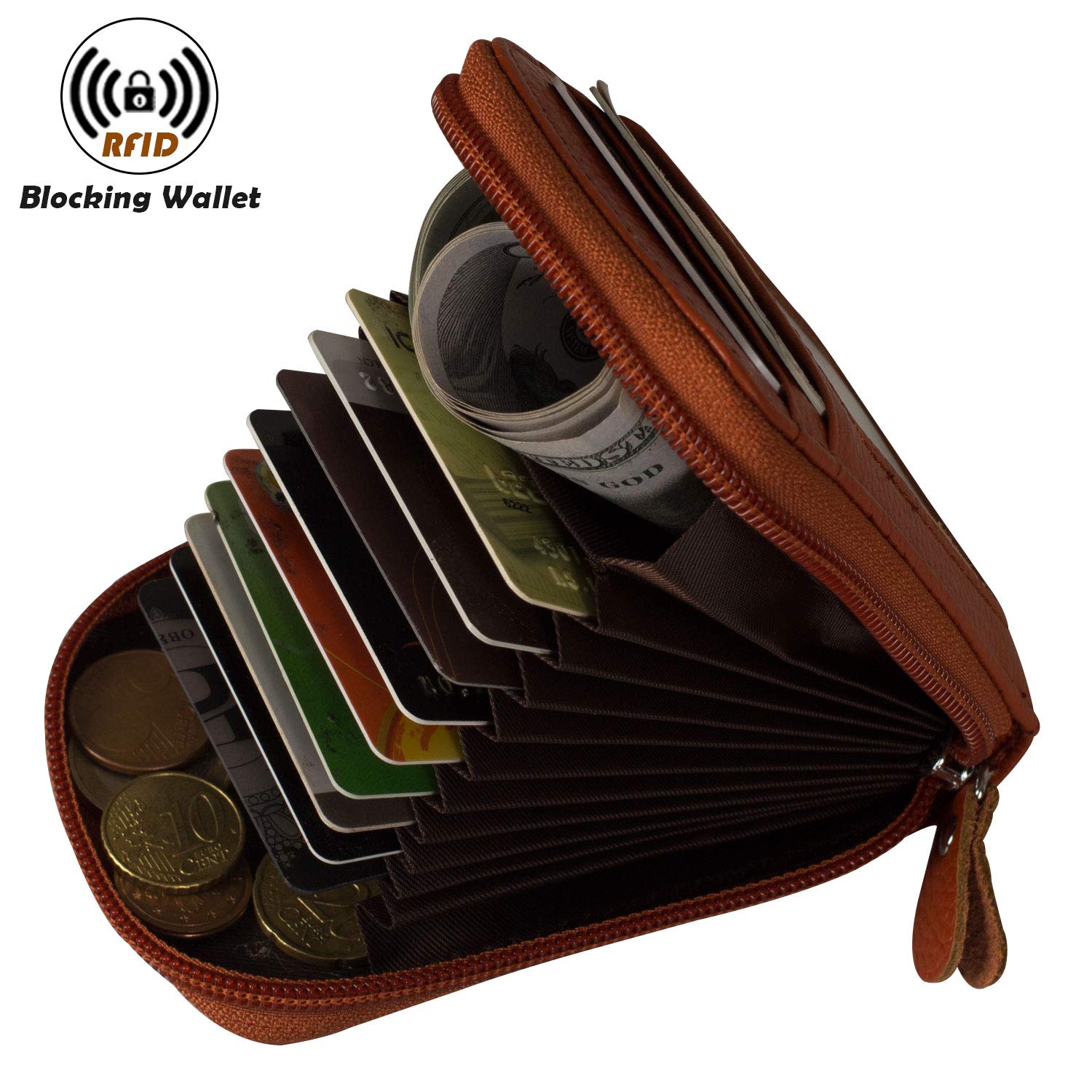 Noedy RFID Blocking Credit Card Case Organizer Genuine Leather Zip-Around Security Wallet Brown