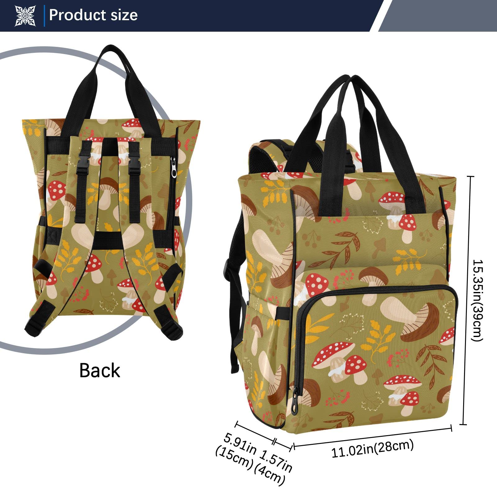 Vnurnrn Baby Diaper Bag Backpack, Portable Baby Bag for Boys Girls, Large Multifunction Travel Baby Changing Bag with Stroller Straps and Insulated Pockets, (Mushroom Pattern)