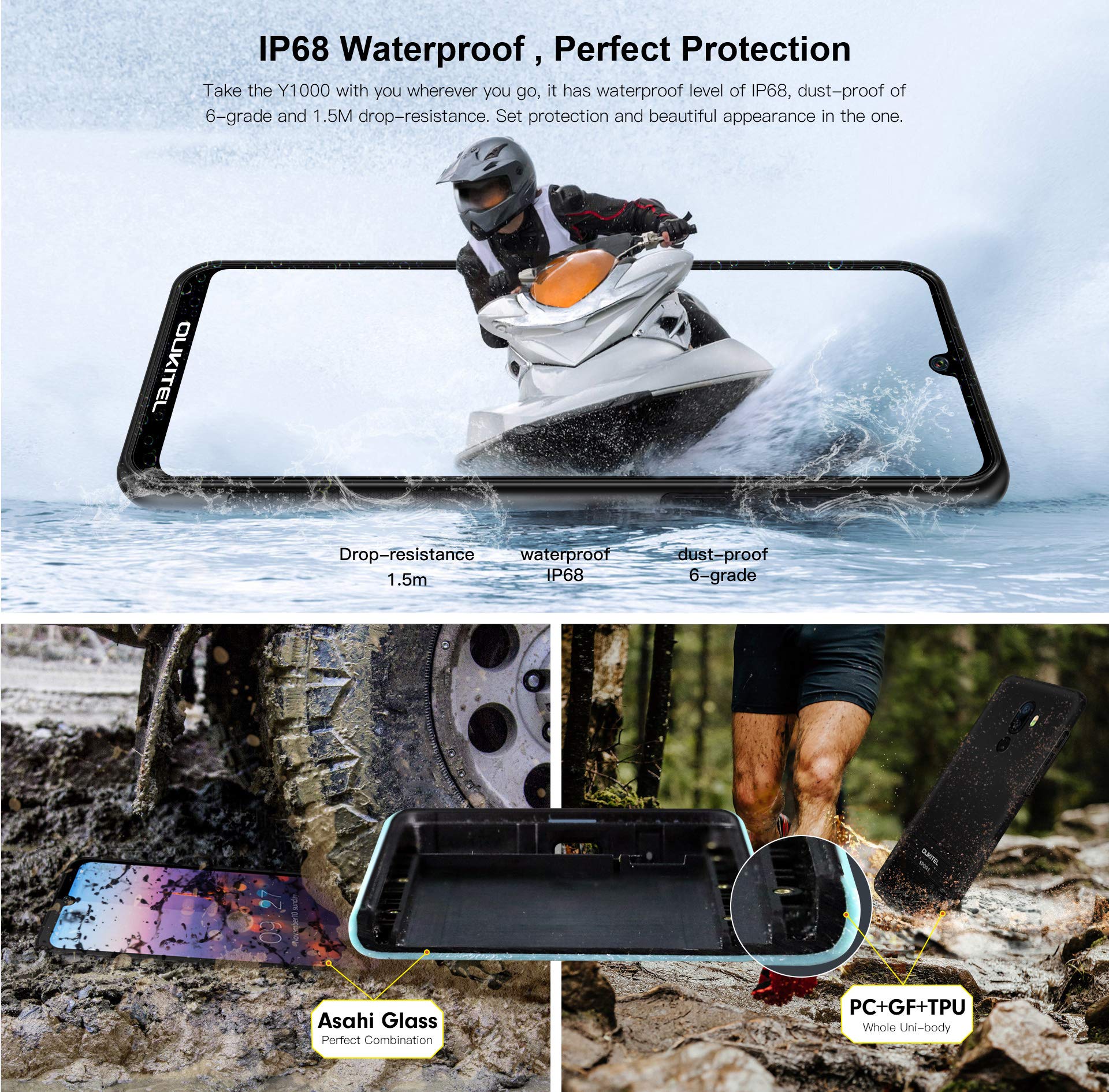 OUKITEL Y1000 Unlocked Phones, Rugged Smartphone Android 9.0 Phones IP68 Waterproof 6.1" 32+2GB/128GB Expandable Face ID&Fingerprint Unlock Dual Sim Phone(Light Blue)