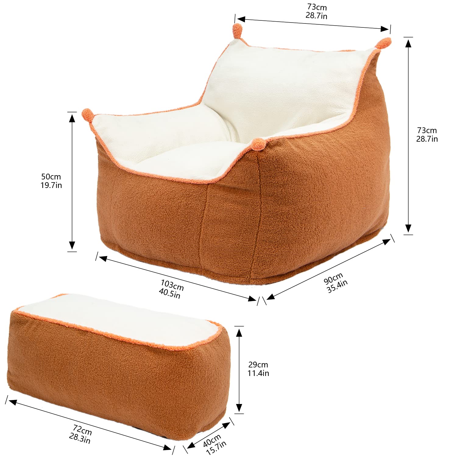 N&V Bean Bag Chair Giant High-Density Foam Filling Sofa with Foot Stool includes Removable and Machine Washable Cover for Teens, Adults to Gaming, Reading, and Watching TV (Brown)