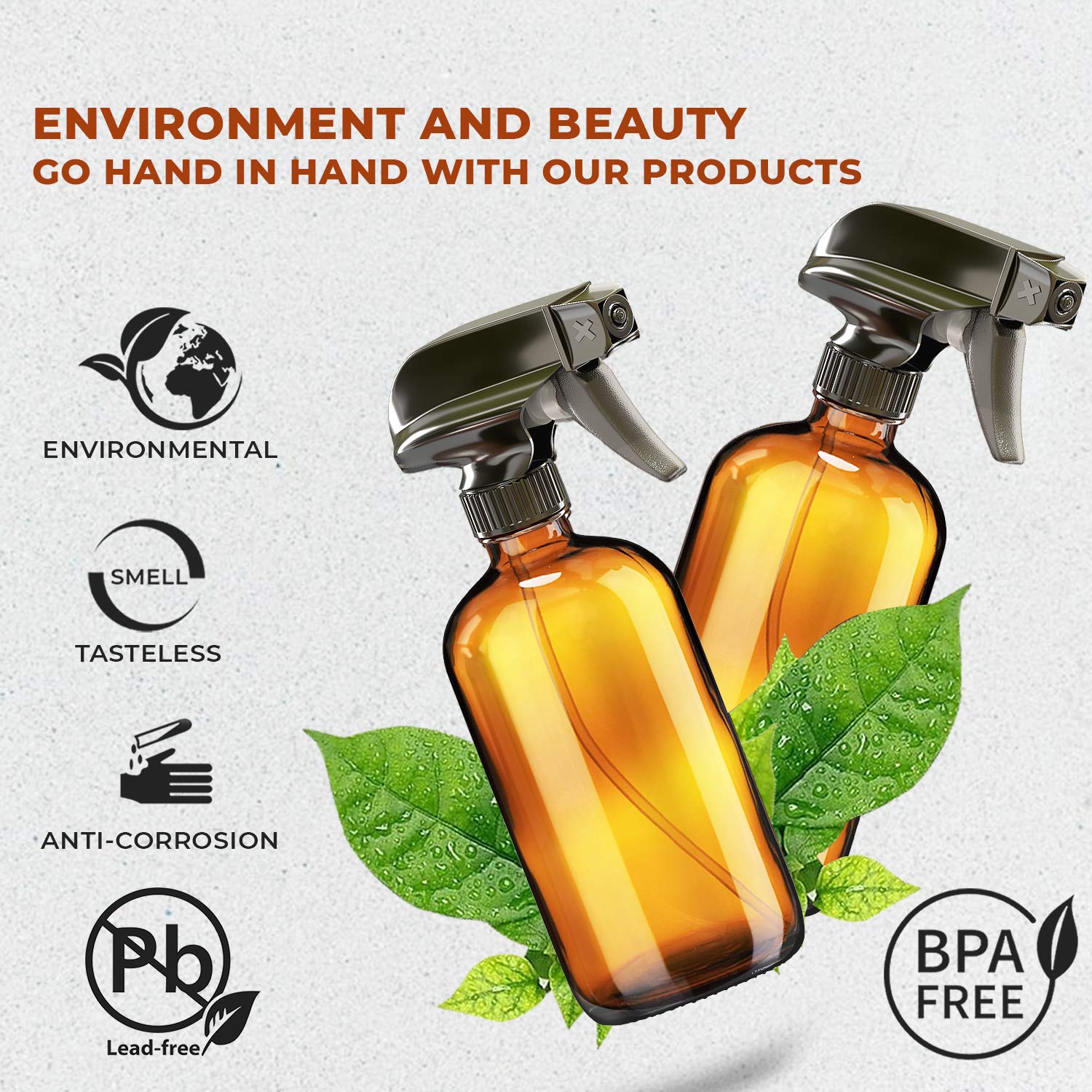 Nylea 3 Pack Glass Spray Bottles (16 OZ) - Durable and Refillable - Amber Spray Bottles for Cleaning Solutions - Essential Oil Spray Bottle with Sturdy Sprayer and Resistant Nozzle