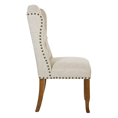 OSP Home Furnishings Jessica Button Tufted Wingback Upholstered Dining Chair with Wood Legs, Linen Fabric