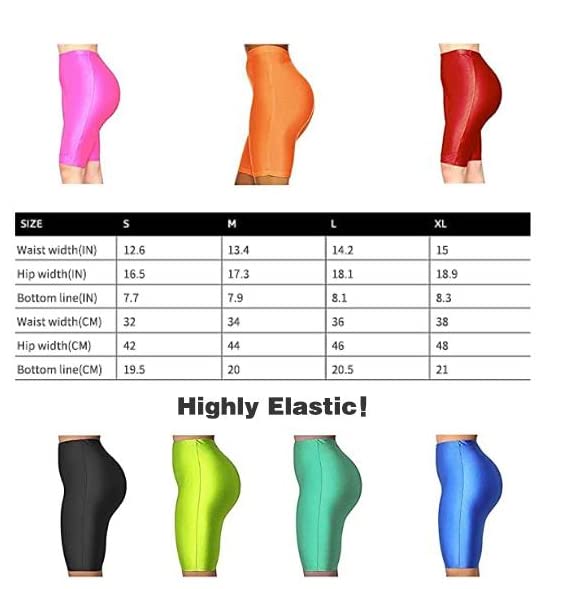 SUNFEXOY Neon Shiny Black Biker Shorts for Women,High-Waisted Bright Active Workout Yoga Pants Running Shorts Knee Length(Black,L
