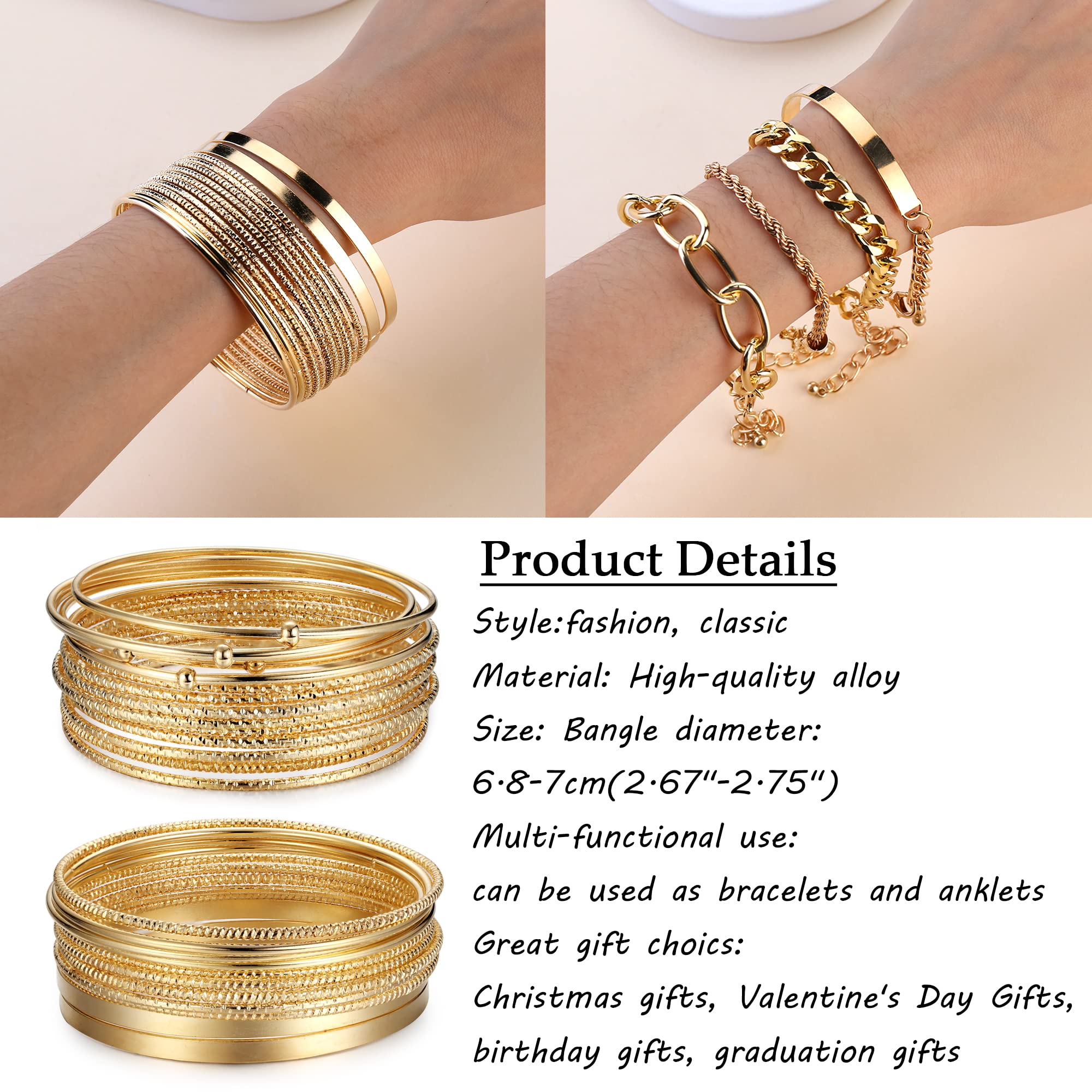 YADOCA 33Pcs Gold Stackable Bangle Bracelets Set For Women Boho Indian Dainty Multiple Layered Stackable Open Cuff Wrap Bangles Adjustable Trendy Paperclip Link Italian Cuban Chain Jewelry For Women