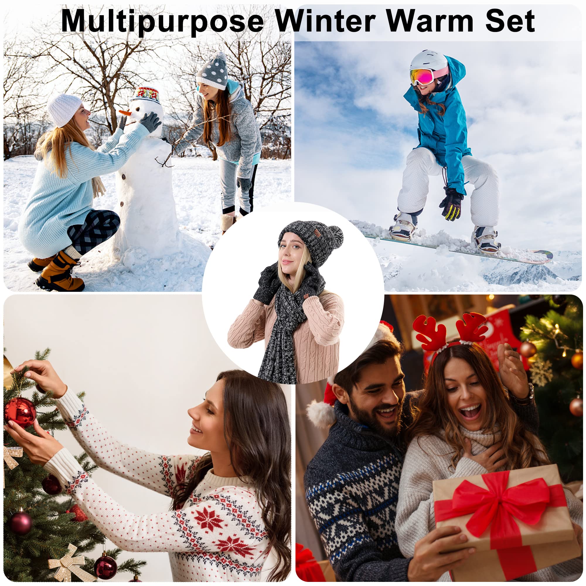 MAYLISACC Ladies Knit Beanie Hat Neck Warmer Scarf and Touch Screen Gloves Set, Double Layer Fleece Bubble Cap for Women