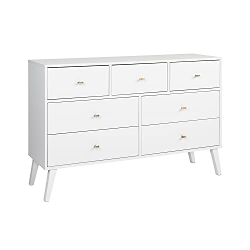 Prepac Milo Mid-Century Modern 7 Drawer Double Dresser for Bedroom, Wide Chest of Drawers, Contemporary Bedroom Furniture, 16" D x 52.5" W x 33.75" H, White, WDBR-1407-1