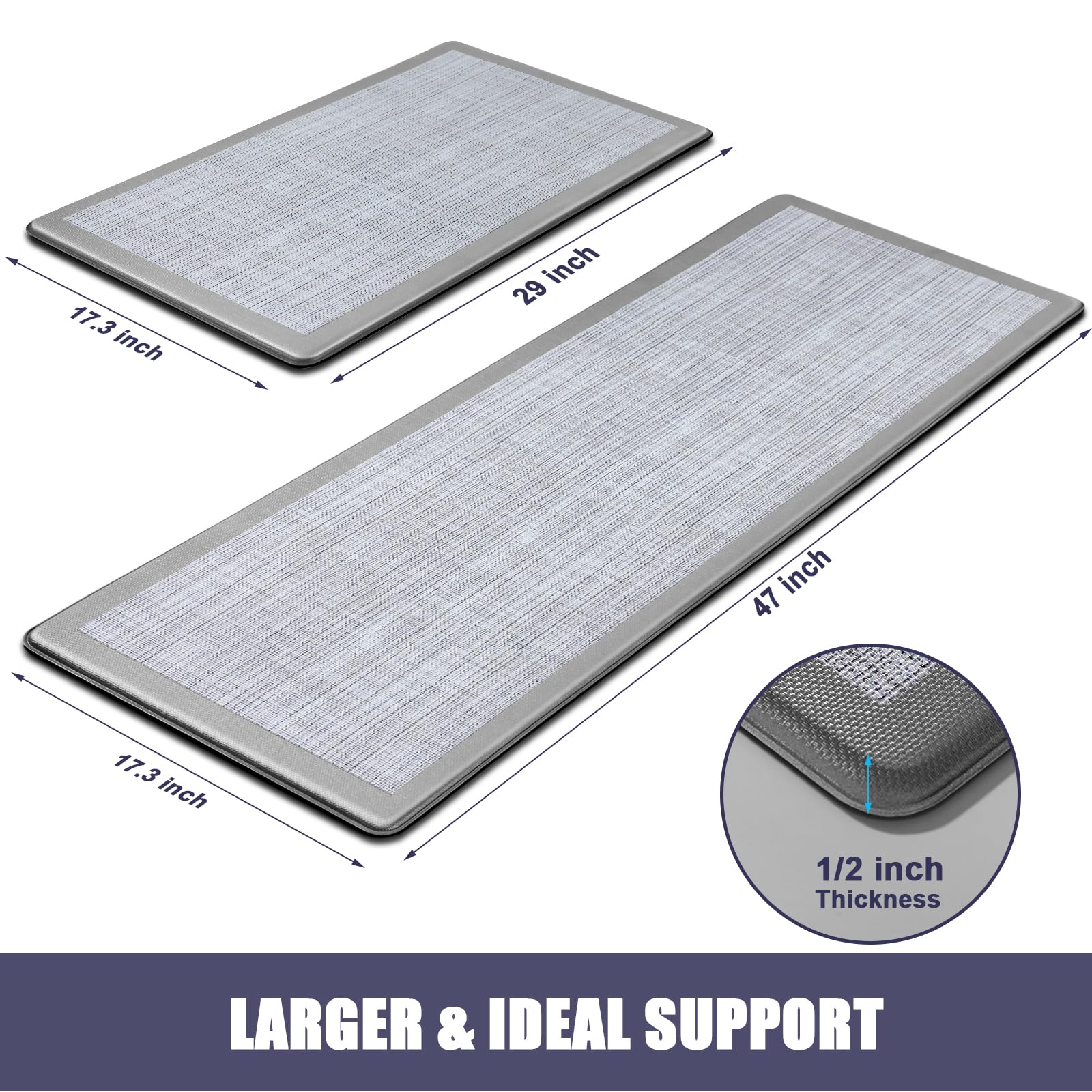 WEZVIX Anti Fatigue Kitchen Mat [2 PCS], Cushioned Kitchen Rugs and Mats Non-Skid, Waterproof Floor Mat, Ergonomic Comfort Foam Standing Mat for Floor, Kitchen, Office, Sink, Laundry - Grey and Grey