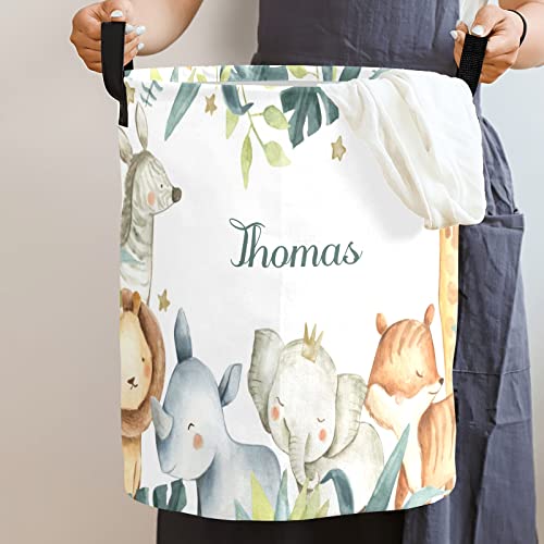 Safari Lion Elephant Fox Personalized Laundry Hamper,Custom Name Collapsible Waterproof Laundry Basket Storage Bins with Handle for Clothes,Toy,Nursery