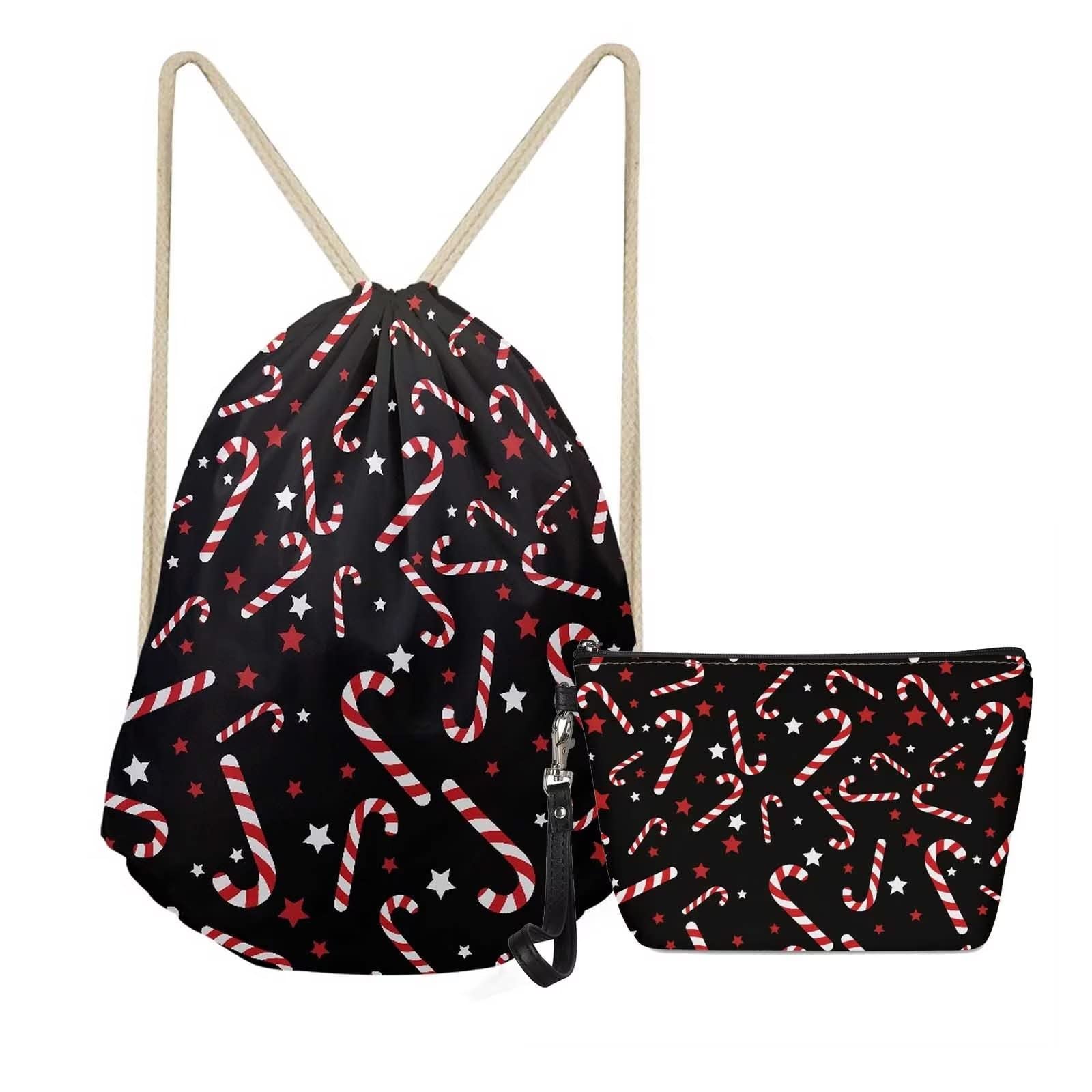 SEANATIVE Leather Makeup Bag Zipper Pouch Travel Cosmetic Organizer Red Rose Print Drawstring Backpack Sport Yoga String Bag 2Pcs