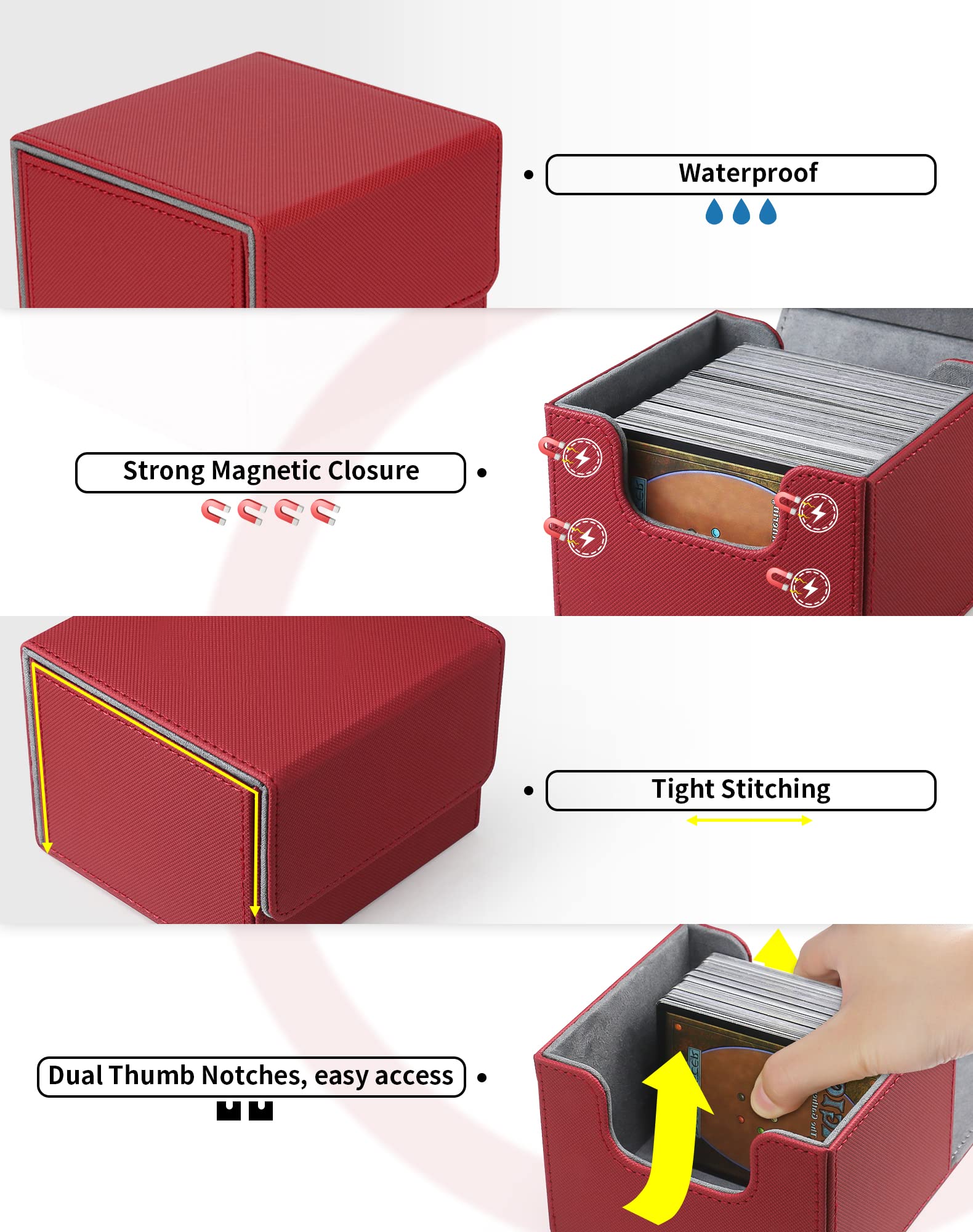 ZLCA Card Deck Box with 2 Dividers for MTG Cards, 150+ Horizontal Card Storage Case Fits 100 Double Sleeved Cards, PU Leather Commander Deck box for TCG CCG (Red)