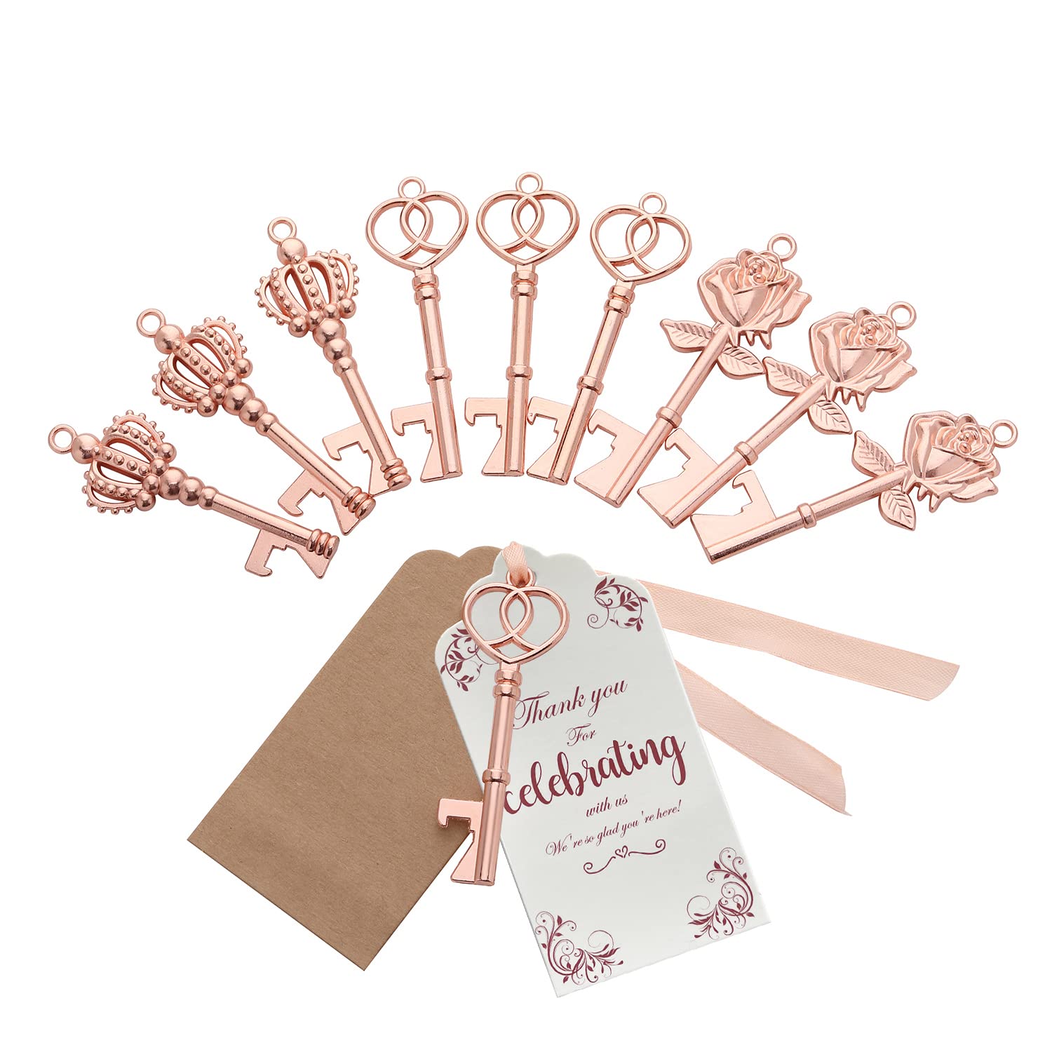 VIDACONTIGO 30pcs Key Bottle Opener Vintage Rose Key Bottle Opener with Escort Tag Card and Ribbon Suitable for Wedding Decorations Party Decorations Guest Shower (Rose Gold - 3 style)