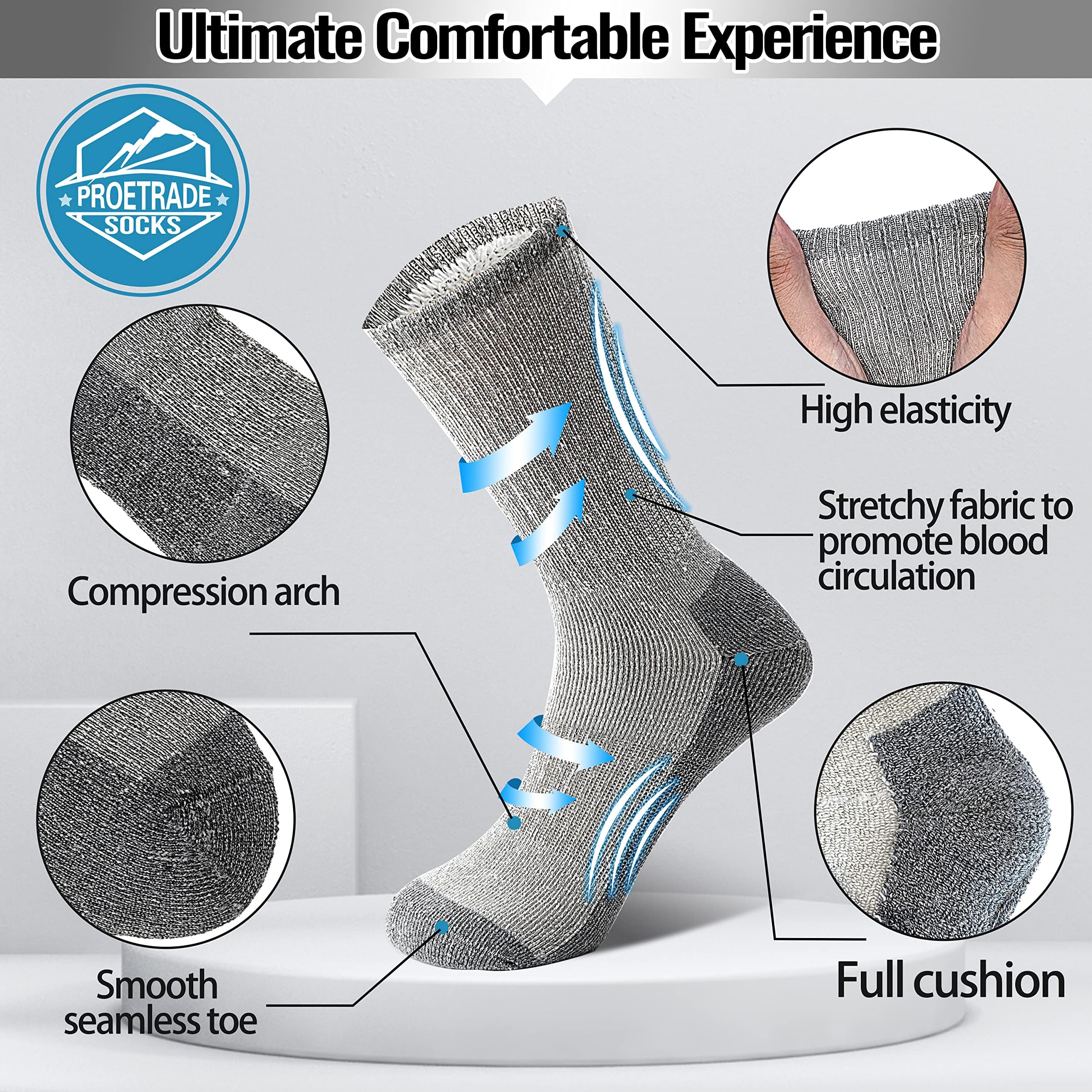 ProEtrade Merino Wool Hiking Socks for Mens Thermal Warm Winter Crew Thick Cushion Boot Work Stockling Stuffers Gift Socks 4 Pairs (Assorted A,L)