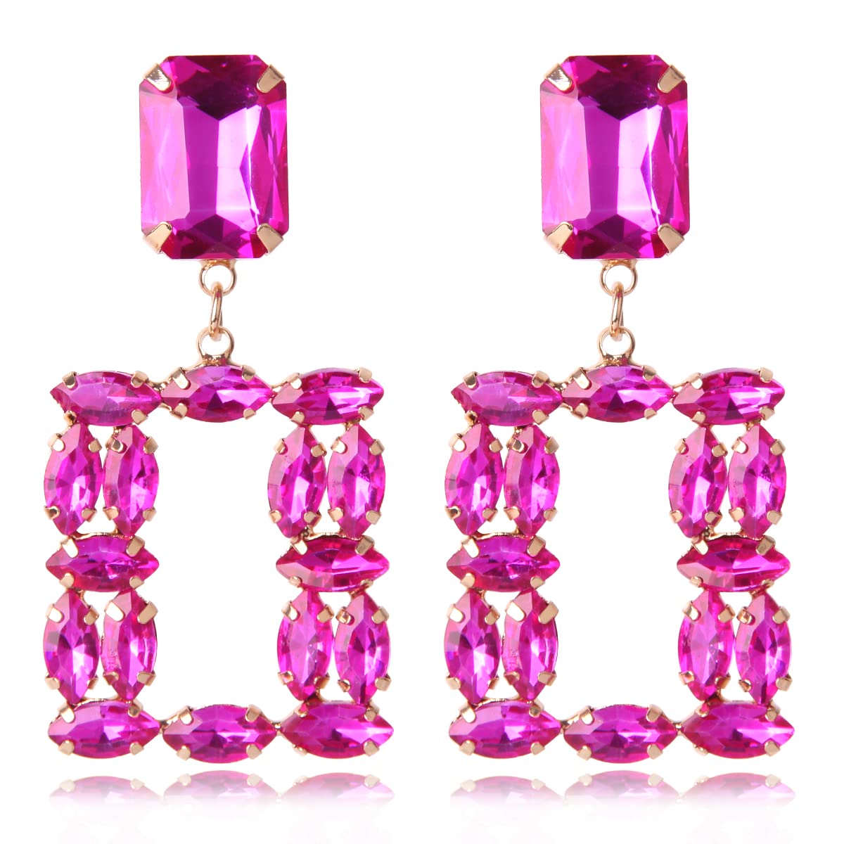 WPY Crystal Rectangle Statement Earrings Hot Pink Rhinestone Geometric Drop Earrings for Women Dangling