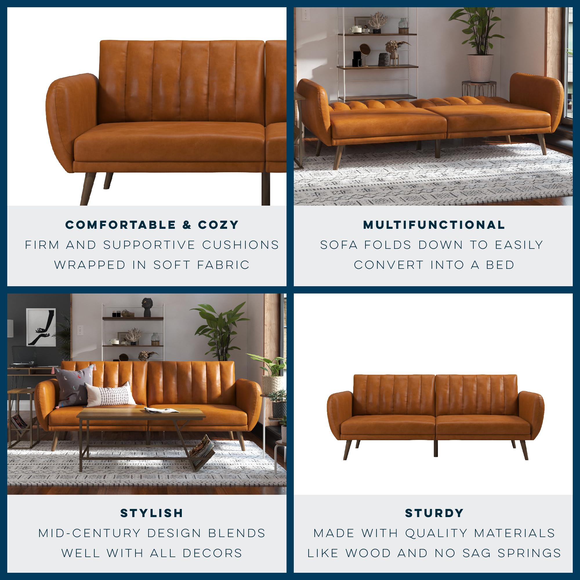 Novogratz Brittany Futon Sofa Bed and Couch Sleeper, Camel Faux Leather
