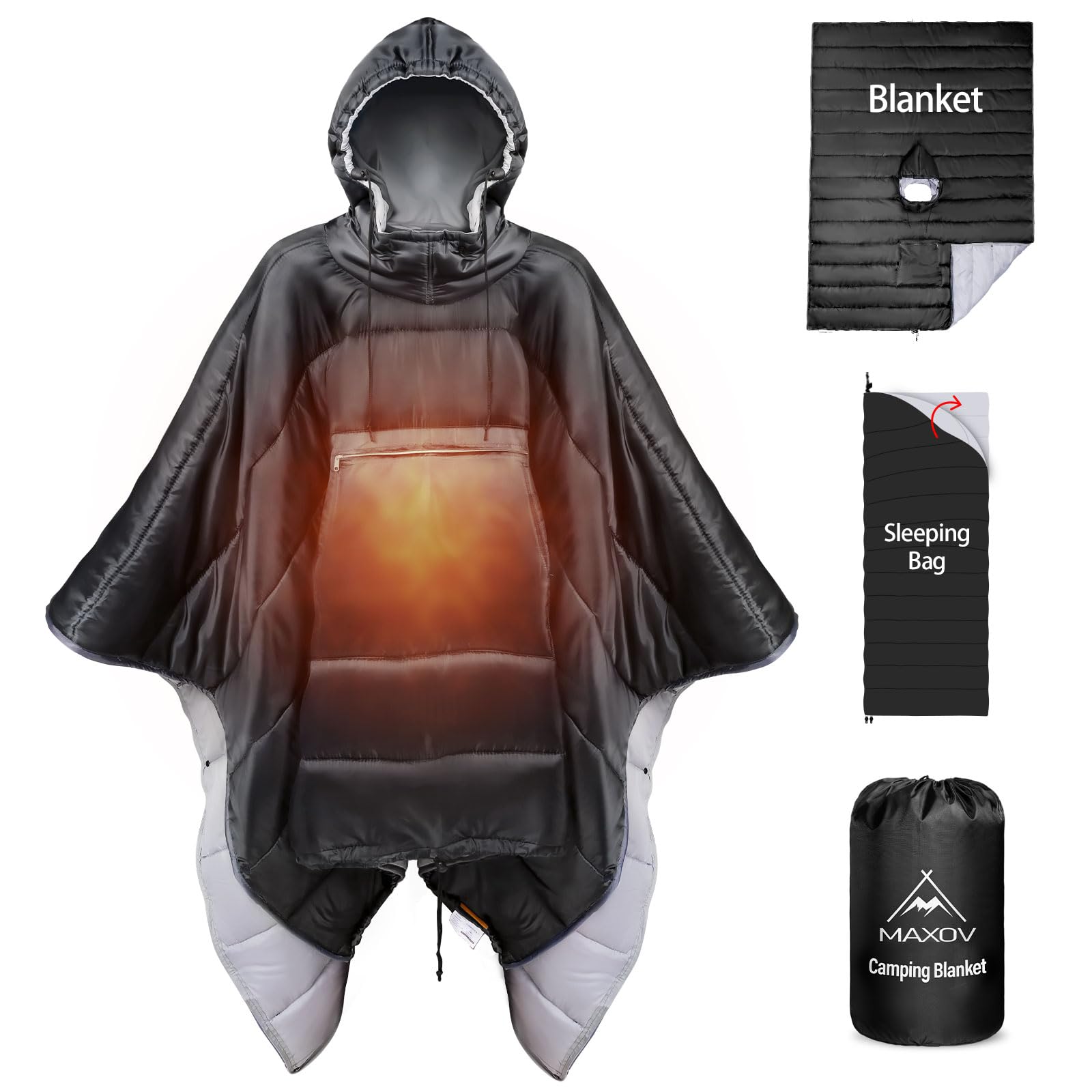 MAXOV Wearable Camping Blankets Extra Thickness, Large Warm Poncho Waterproof Packable Outdoor Puffy Sleeping Bag Windproof Hooded Camp Quilt Travel Hiking Backpacking Picnic Cold Weather