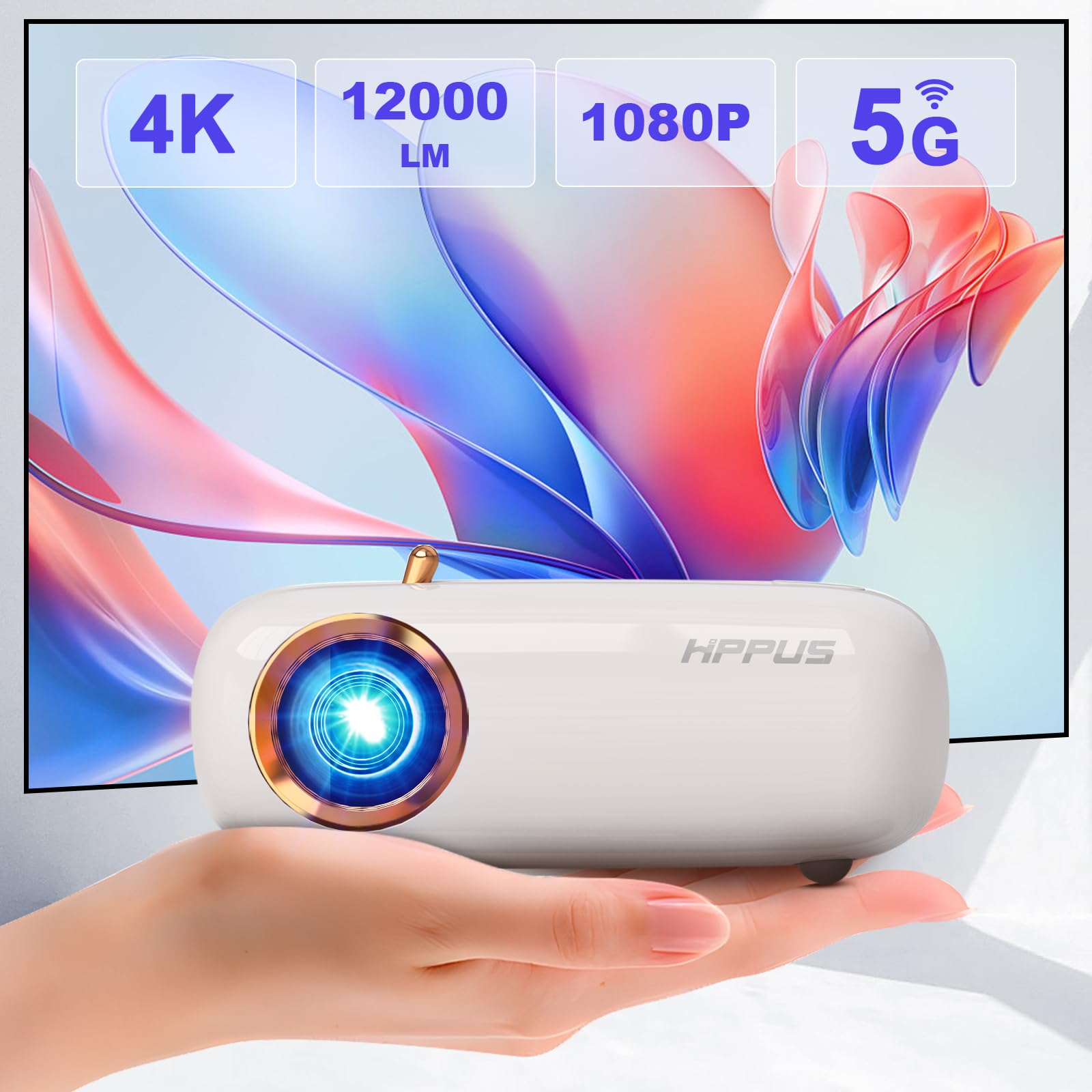 Mini Projector with 5G WiFi and Bluetooth, HIPPUS Portable Projector 1080P Supported 120ANSI, Bluetooth Movie Projector for Bedroom/Outdoor, Compatible with iOS/Android/Laptop/TV Stick/HDMI/PS5