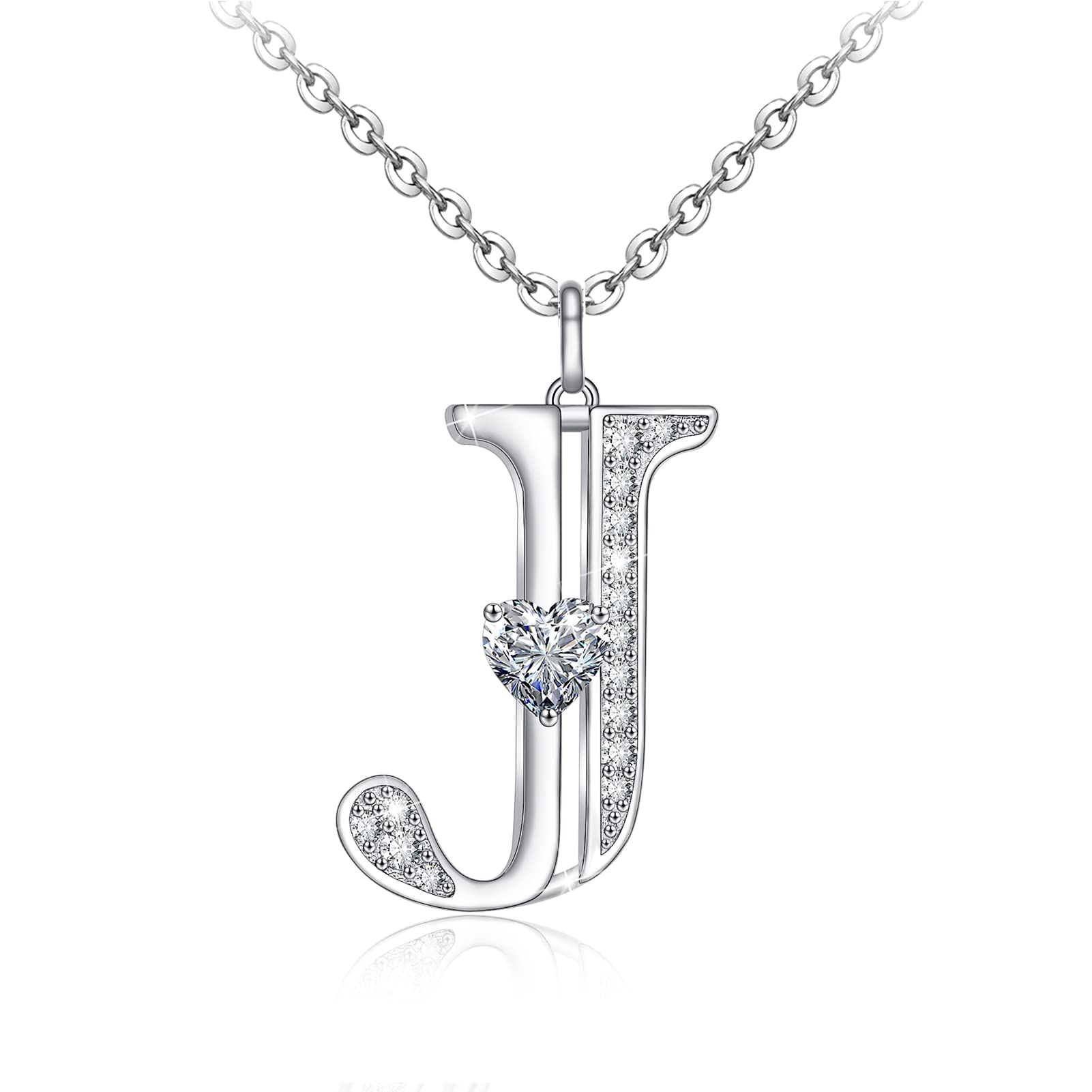 Sianilvera Jewelry Sterling Silver Initial Letter Alphabet Love Heart Cubic Zirconia Pendant Necklace J