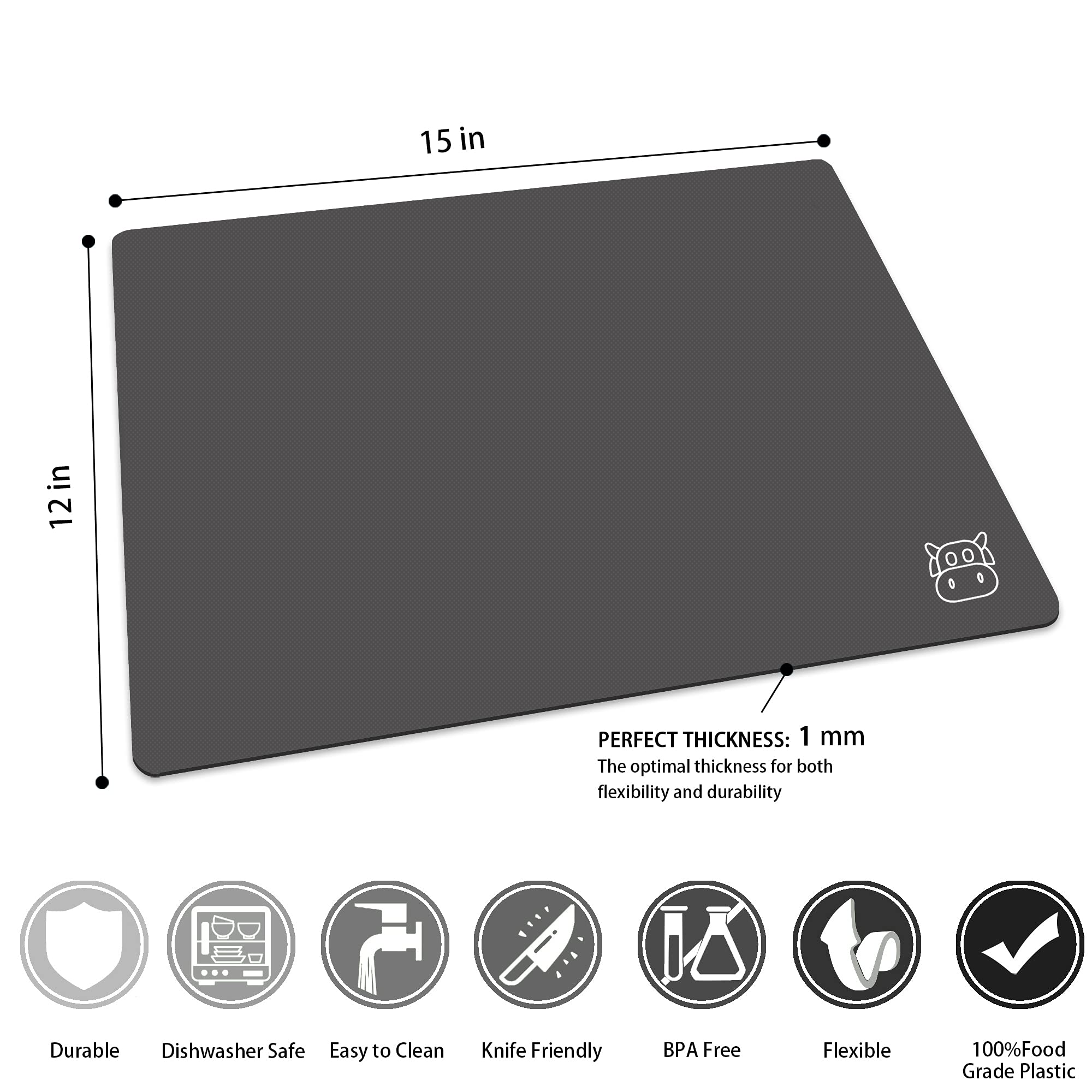 ZVP Flexible Plastic Cutting Board Set of 5 Gradient Color, Colorful Chopping Boards, BPA Free Mats, Non-Slip, Dishwasher Safe, 15x12 Inch, Gray Neutral Colors