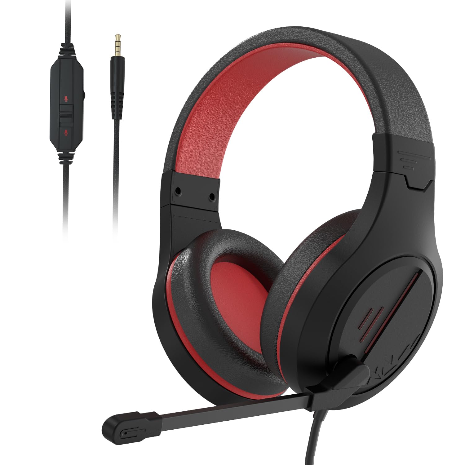 Mokochy 3.5mm Gaming Headset for PC,Headphone with Microphone Wired Headset Passive Noise canceling Earmuffs 50mm Neodymium Magnet Speaker Headset- Red