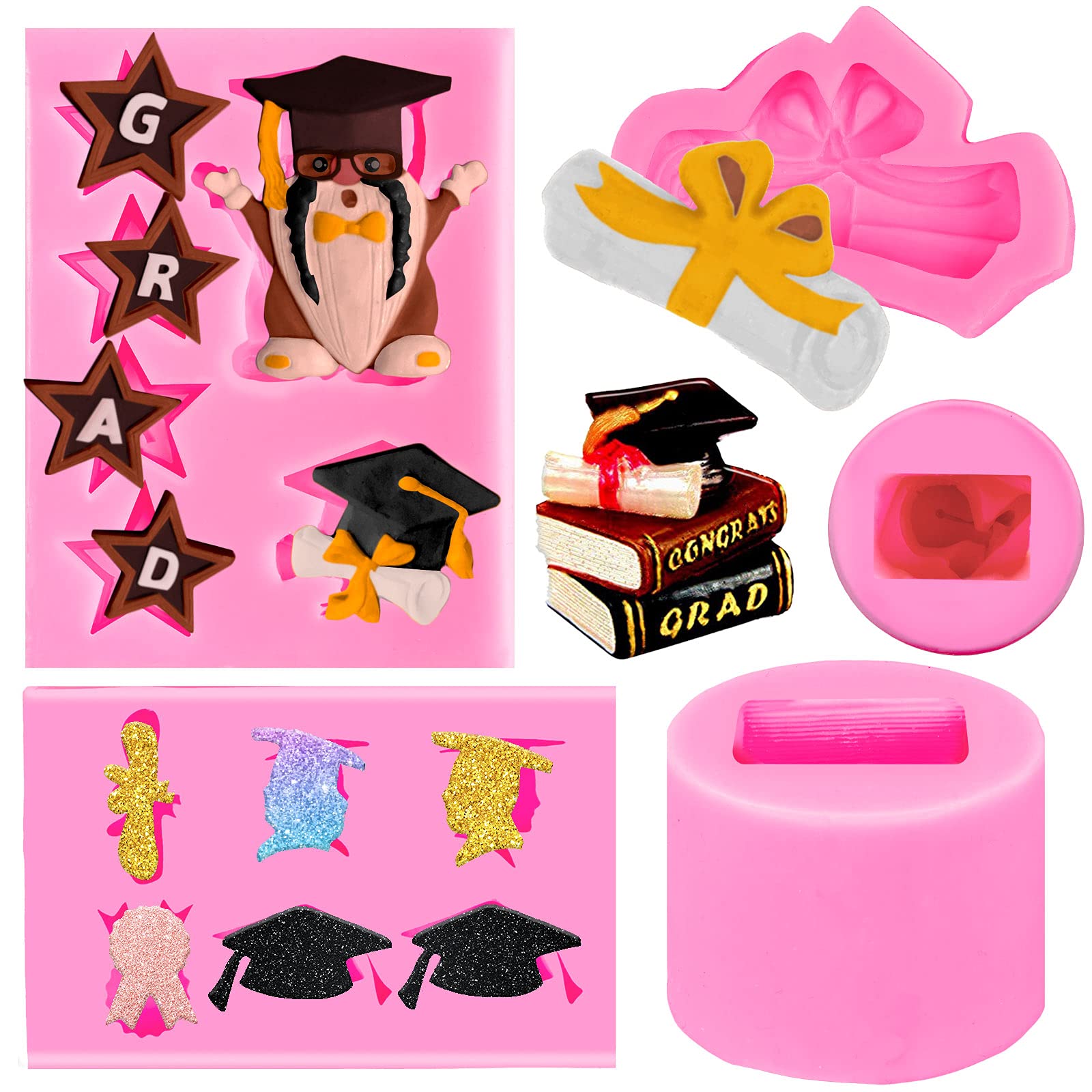 Whaline 4 Pieces Graduation Silicone Molds Graduation Gnome Grad Cap Diploma Star Chocolate Candy Mould Pink Grad Ice Cube Fondant Mold for Grad Party Cake Cupcake Topper Decoration