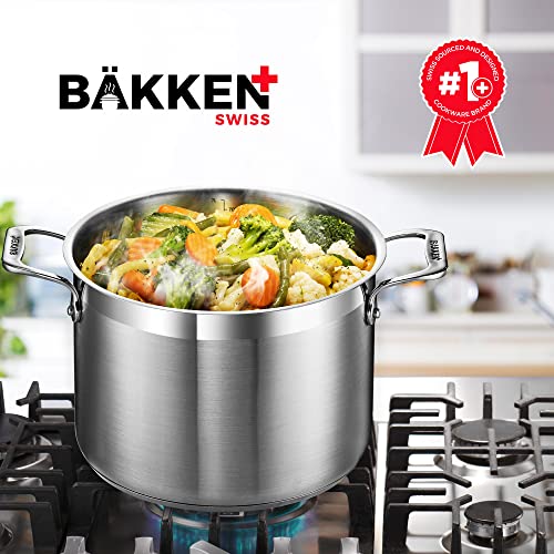 Stockpot – 12 Quart – Brushed Stainless Steel – Heavy Duty Induction Pot with Lid and Riveted Handles – For Soup, Seafood, Stock, Canning and for Catering for Large Groups and Events by BAKKEN
