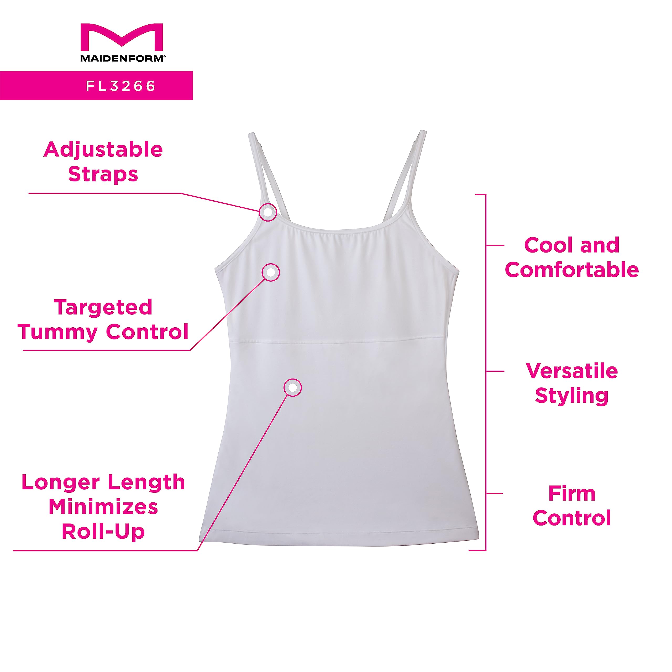 Maidenform womens Long Length Camisole Fl3266 shapewear tops, White, X-Large US